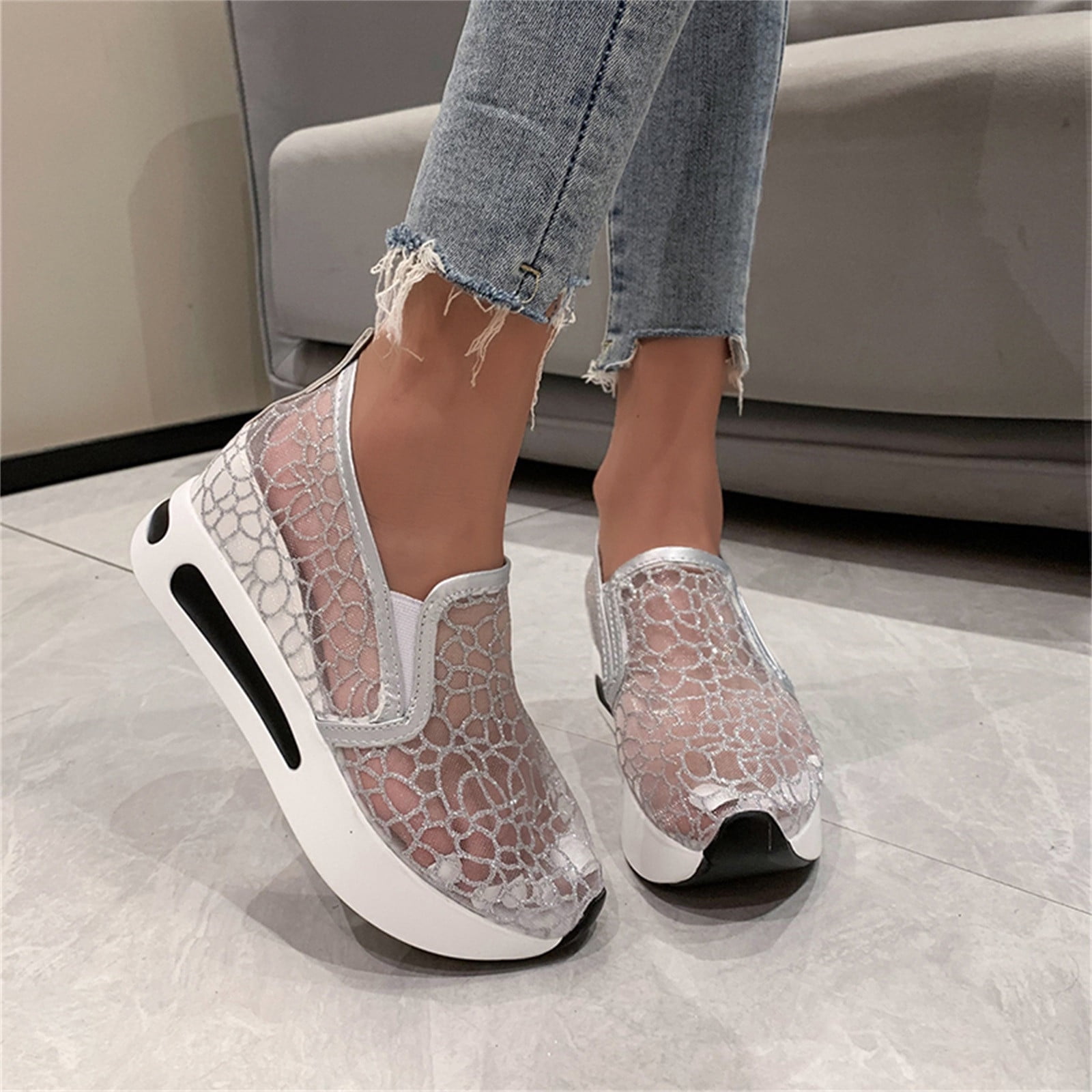 NOKIO Platform Wedge Sneakers for Women Fashion Embroidery Floral Mesh ...