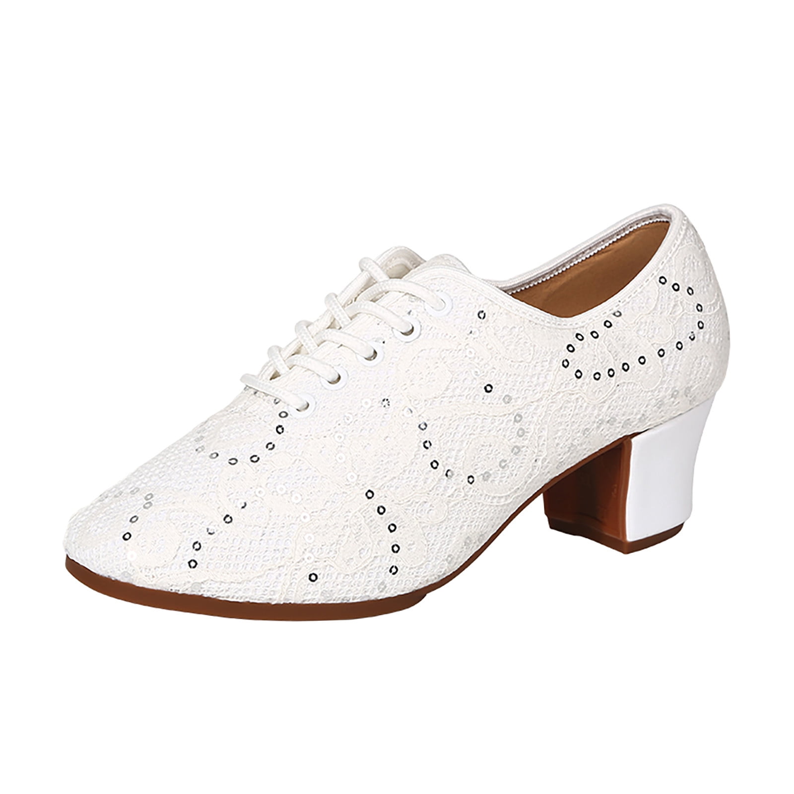 NOKIO Women's Ballroom Dance Shoes Lace-up Closed Toe Sequin Soft Sole ...