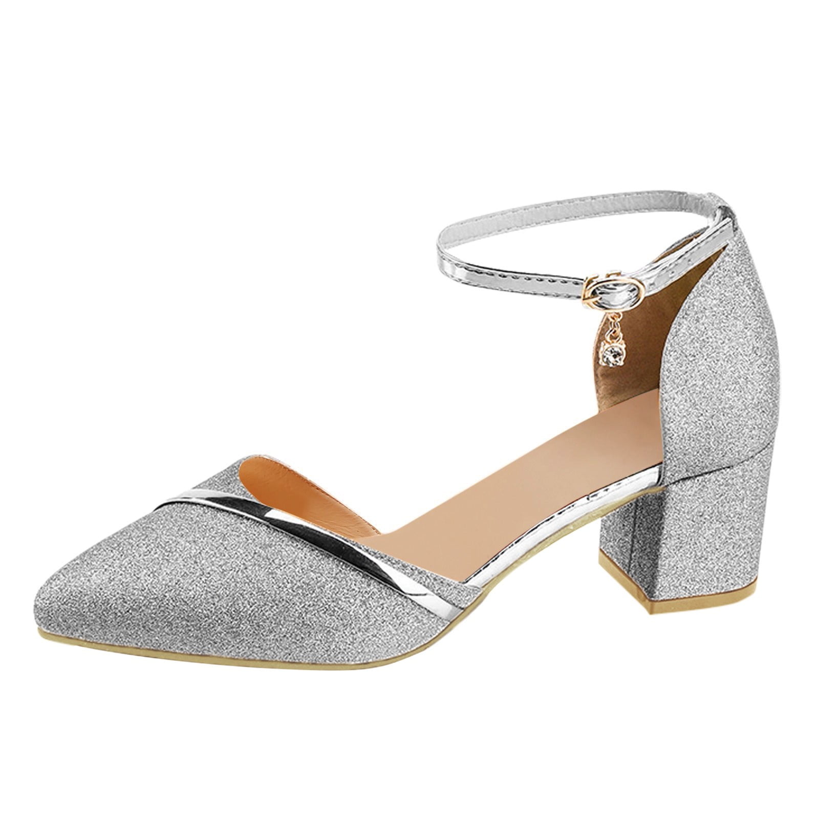 NOKIO Women's Closed Pointed Toe Low Chunky Heels Pumps Ankle Strap ...