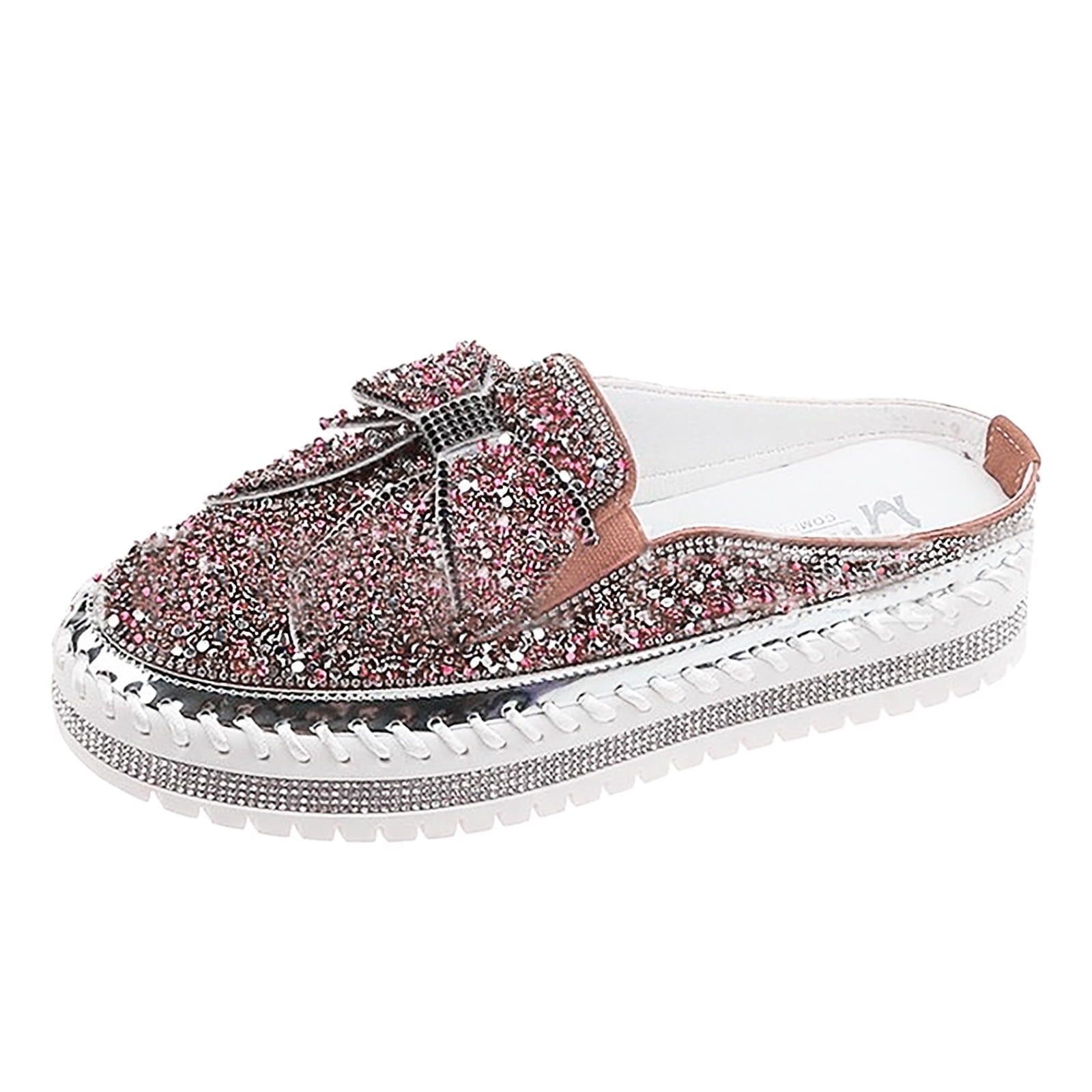 NOKIO Women's Pearl Rhinestone Bow Mules, Glitter Square Toe Slip on ...