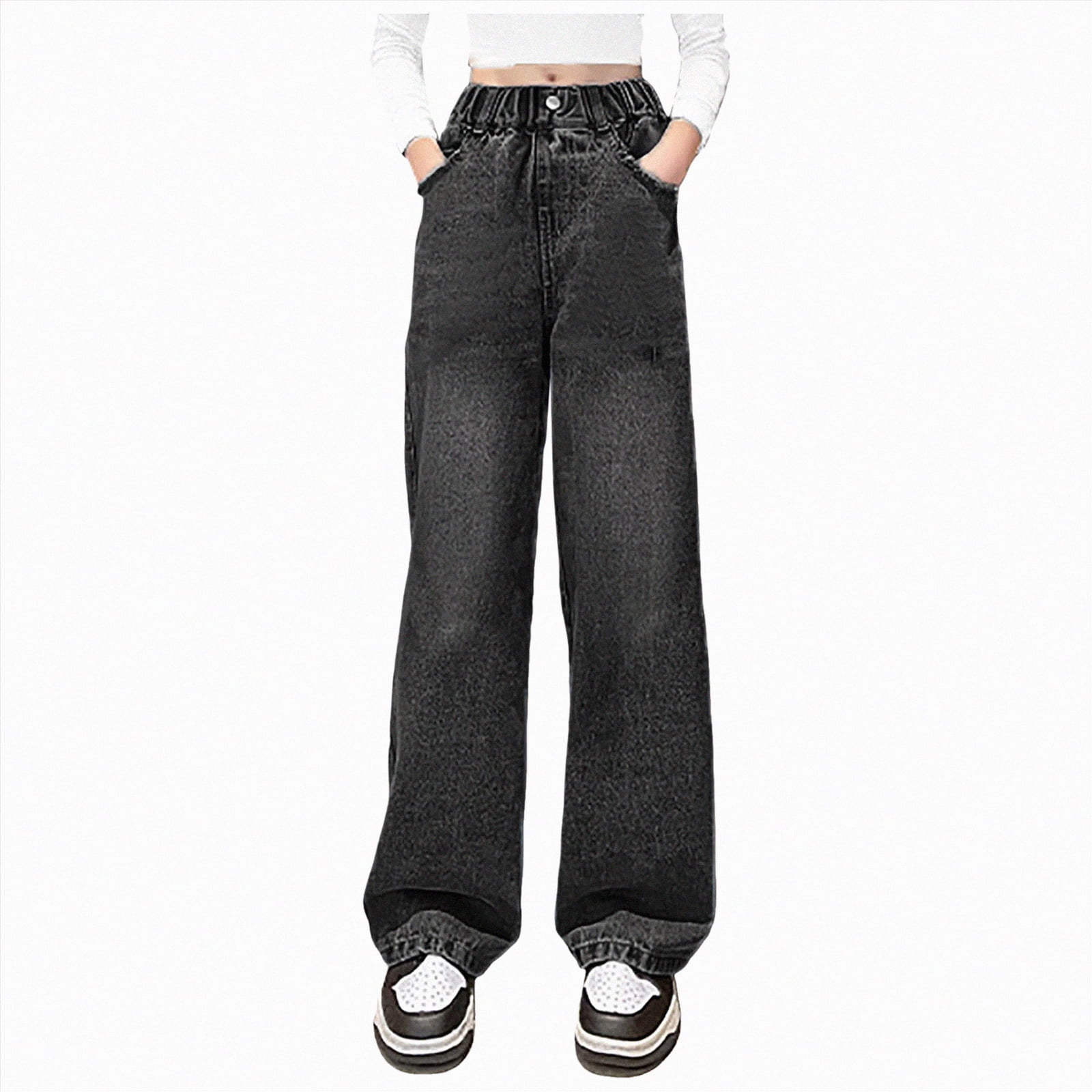 NOLDARES Girls Jeans Denim Elastic High Waisted Wide Leg Baggy Cargo ...