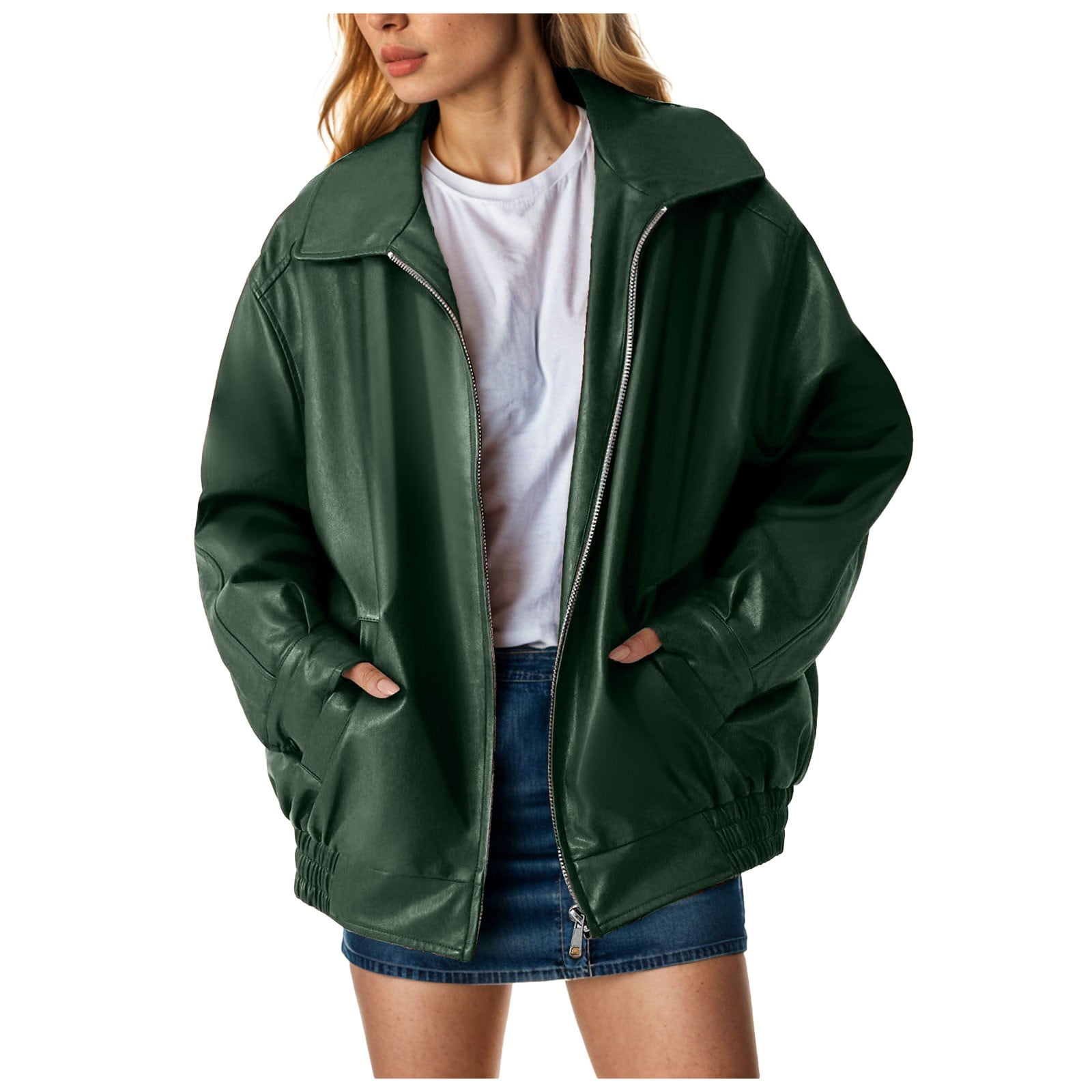 NOLDARES Women's Oversized Faux Leather Jacket Long Sleeve Zip Up ...