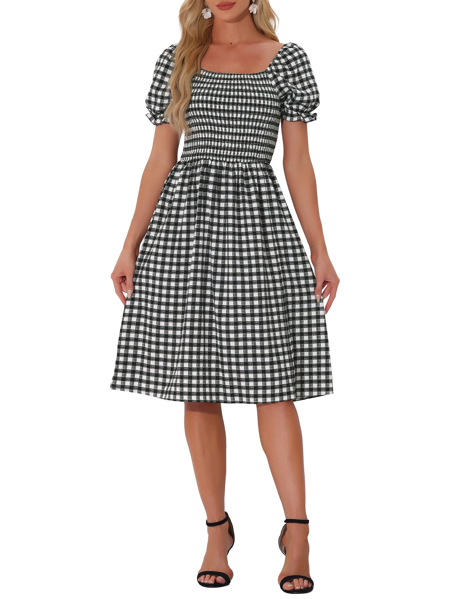 NOMADIC NOOK Gingham Smocked Dress for Women's Square Neck Side Slit ...