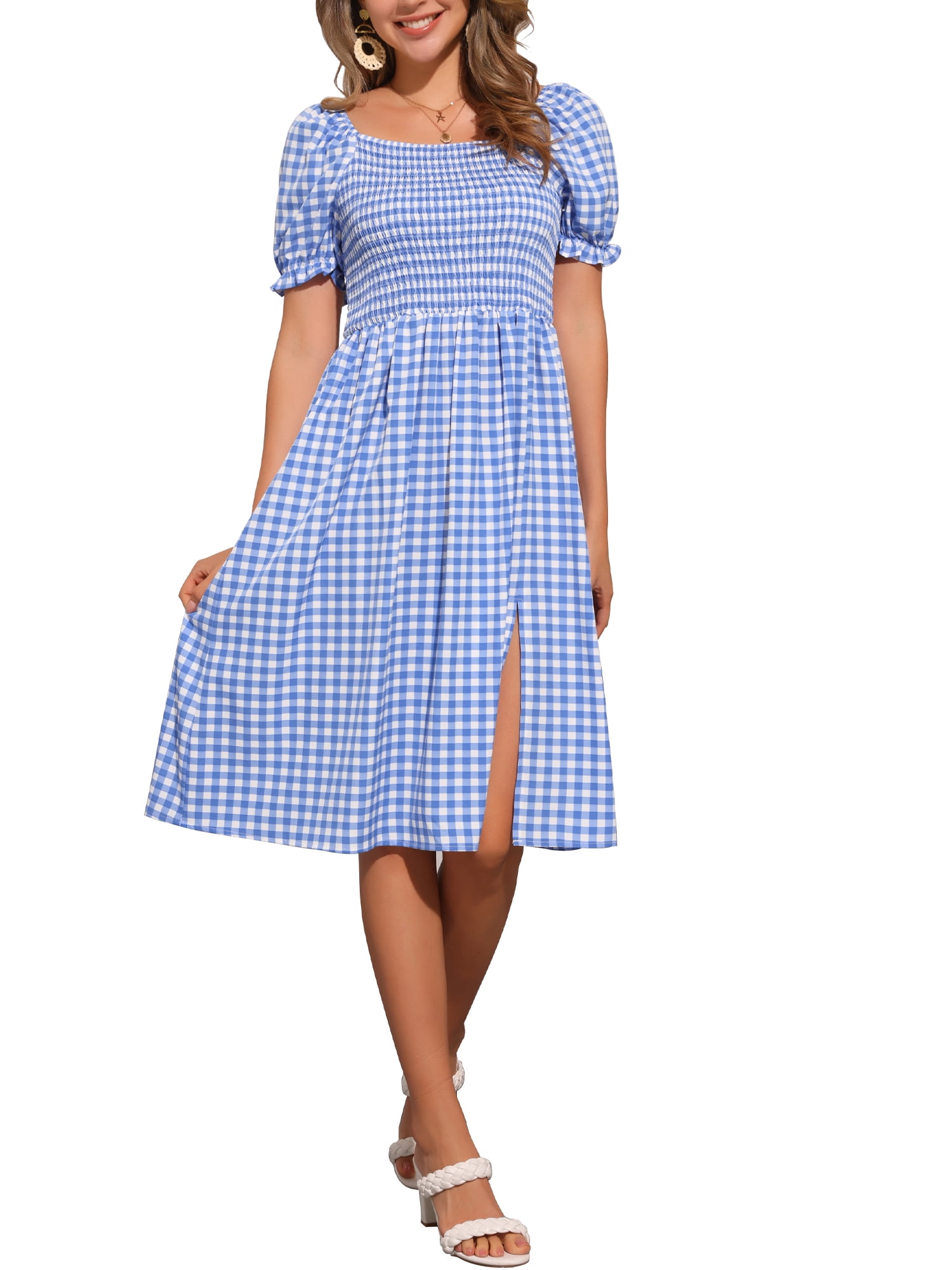 INSPIRE CHIC Gingham Smocked Dress for Women's Square Neck Side Slit ...