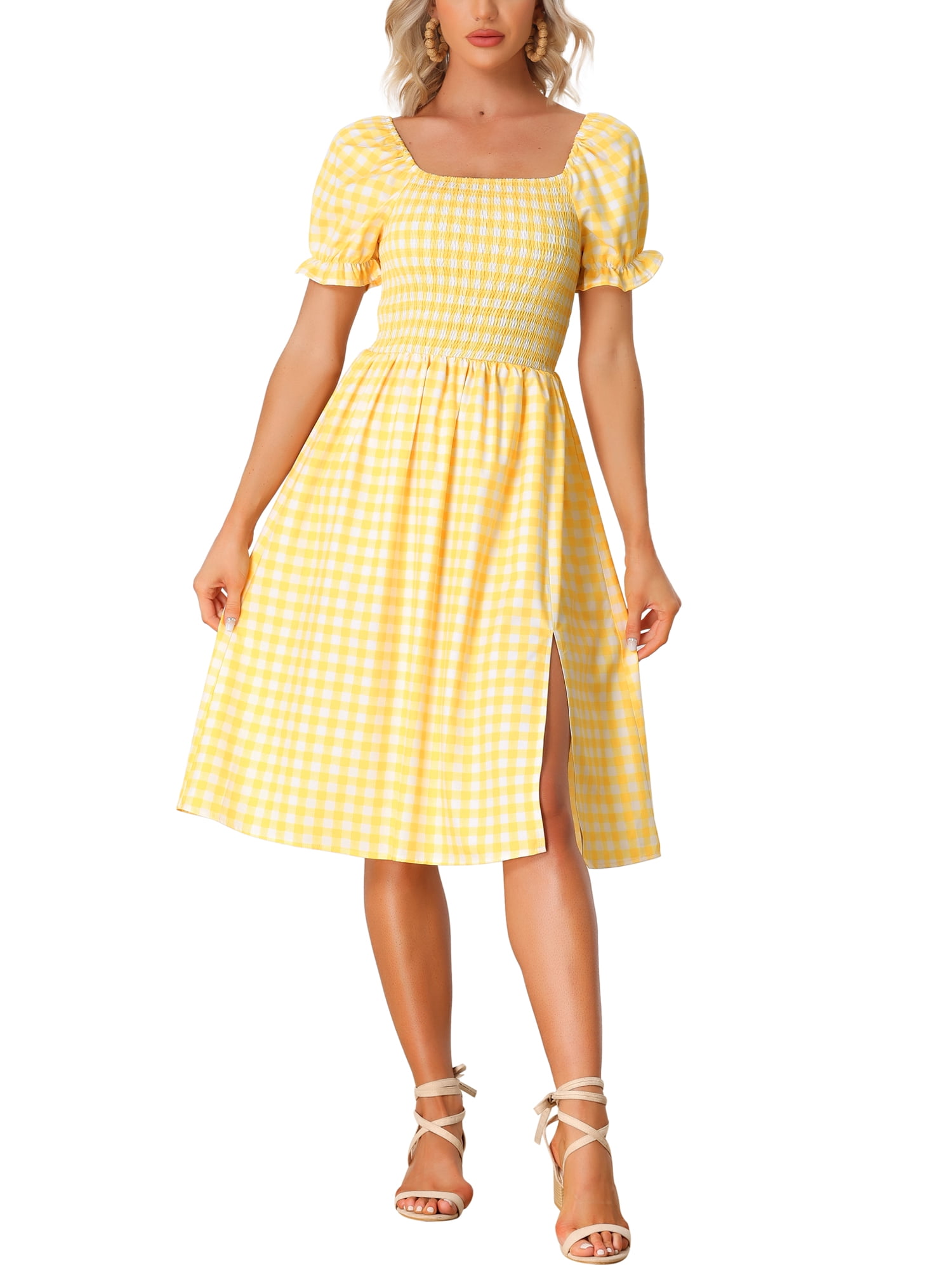 INSPIRE CHIC Gingham Smocked Dress for Women's Square Neck Side Slit ...