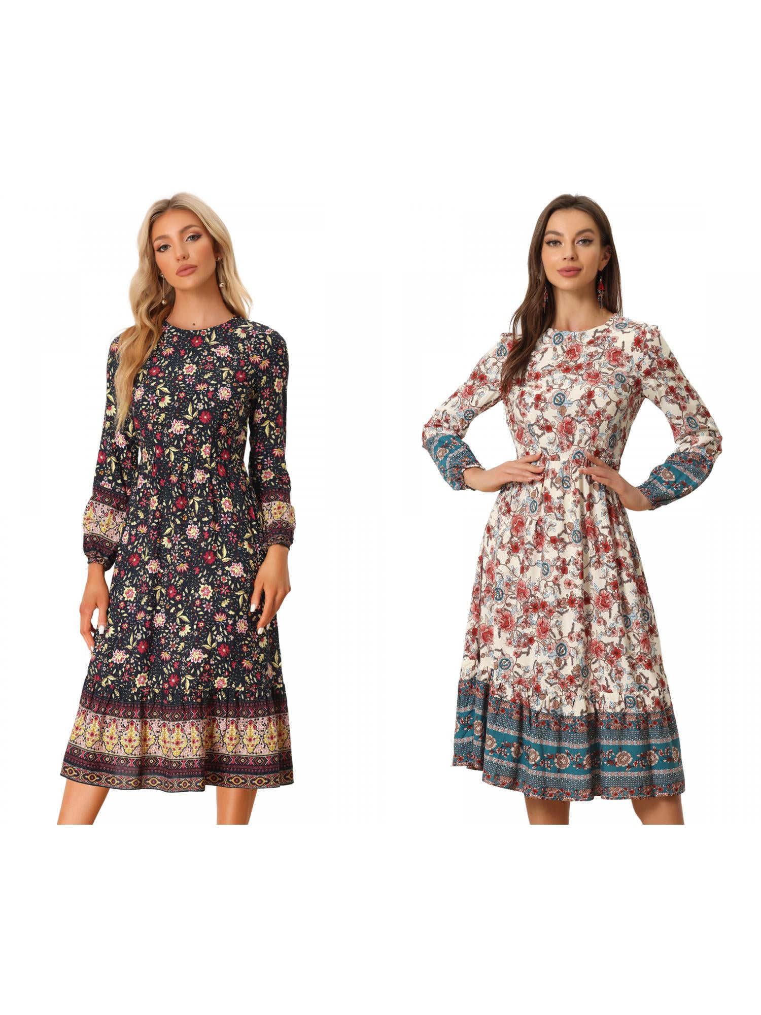NOMADIC NOOK Women's 2 Packs Boho Crew Neck Floral Long Puff Sleeves ...