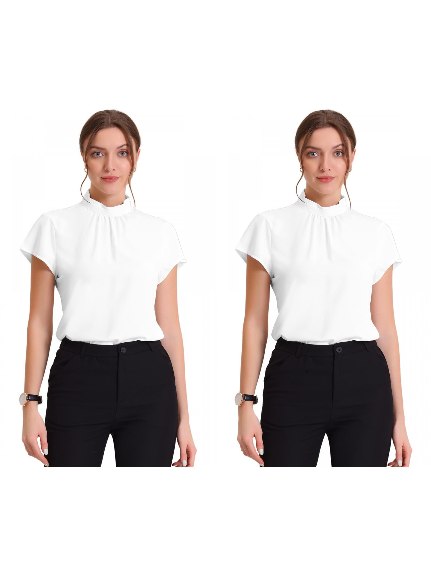 NOMADIC NOOK Women's 2 Packs Stand Collar Cap Sleeve Keyhole Back Elegant Business Blouse ...