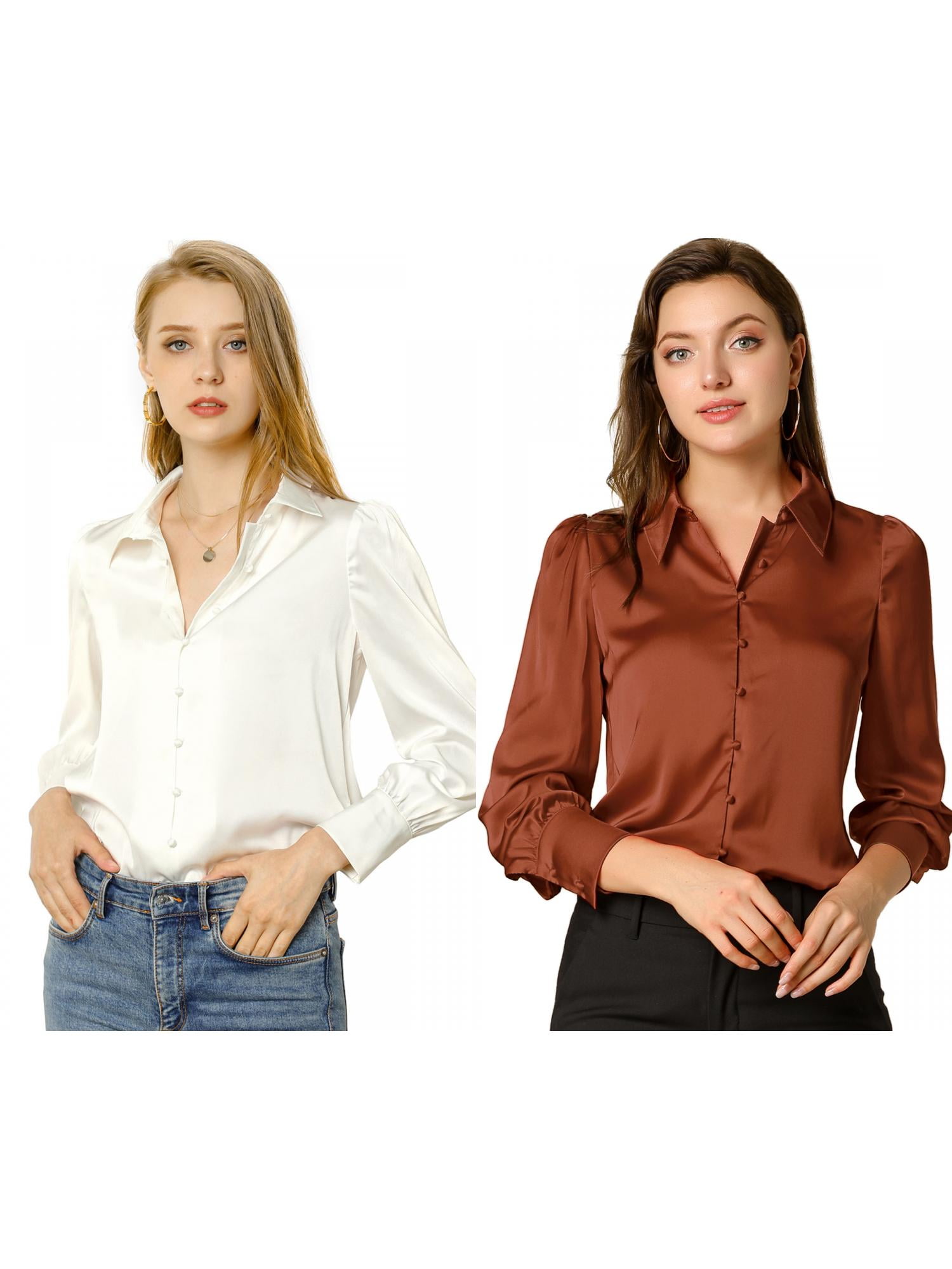 NOMADIC NOOK Women's 2 Packs Work Point Collar Puff Long Sleeve Button ...