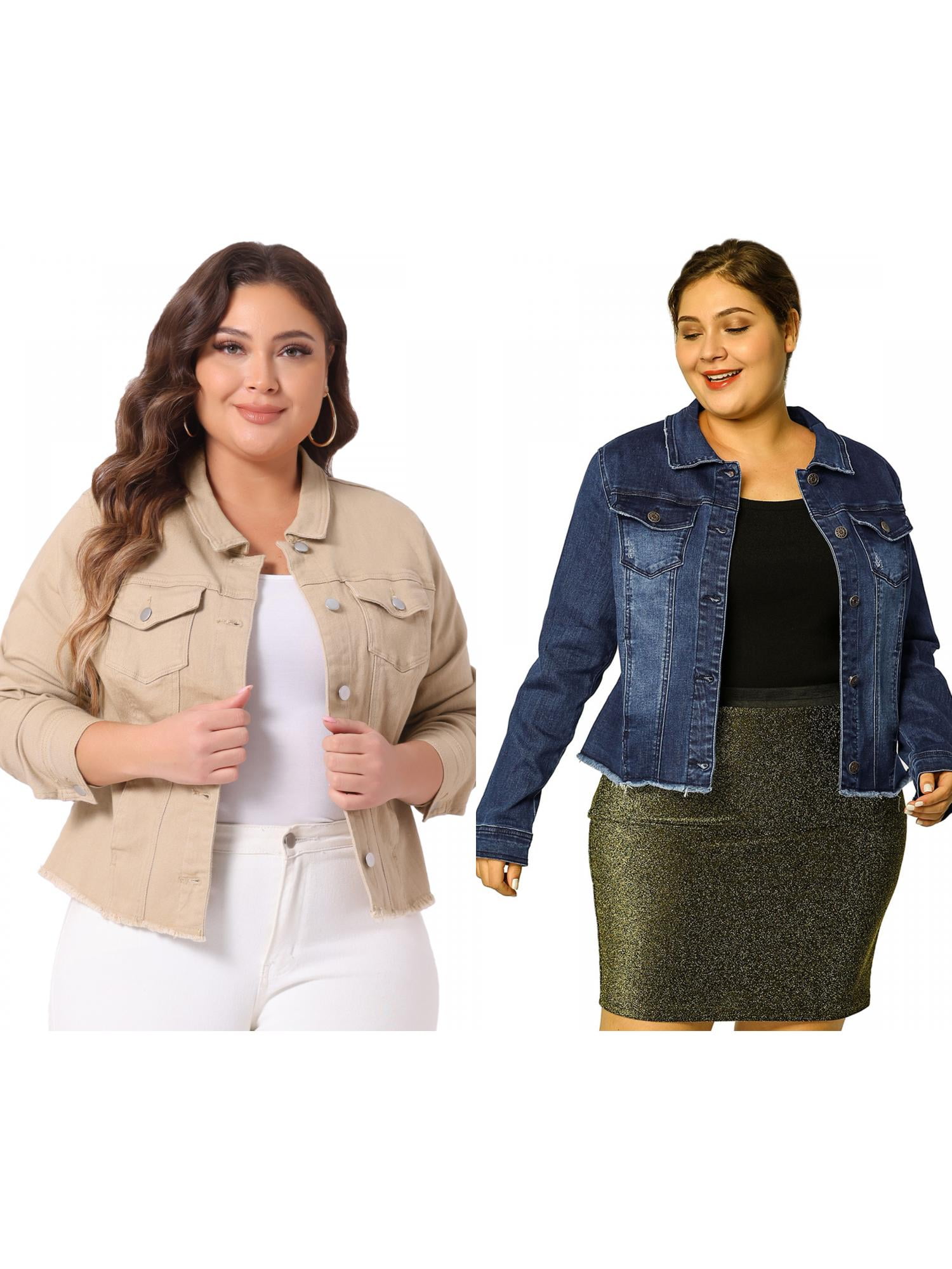 NOMADIC NOOK Women's Plus Size Outfits Classic Washed Front Frayed Denim Jacket 2 PCS - Walmart.com