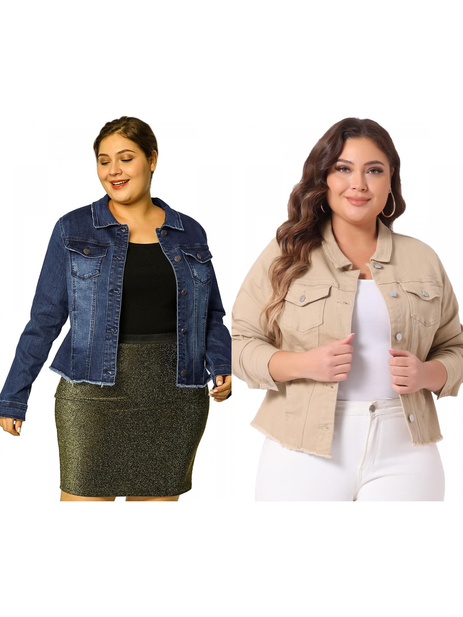 NOMADIC NOOK Women's Plus Size Outfits Classic Washed Front Frayed Denim Jacket 2 PCS - Walmart.com