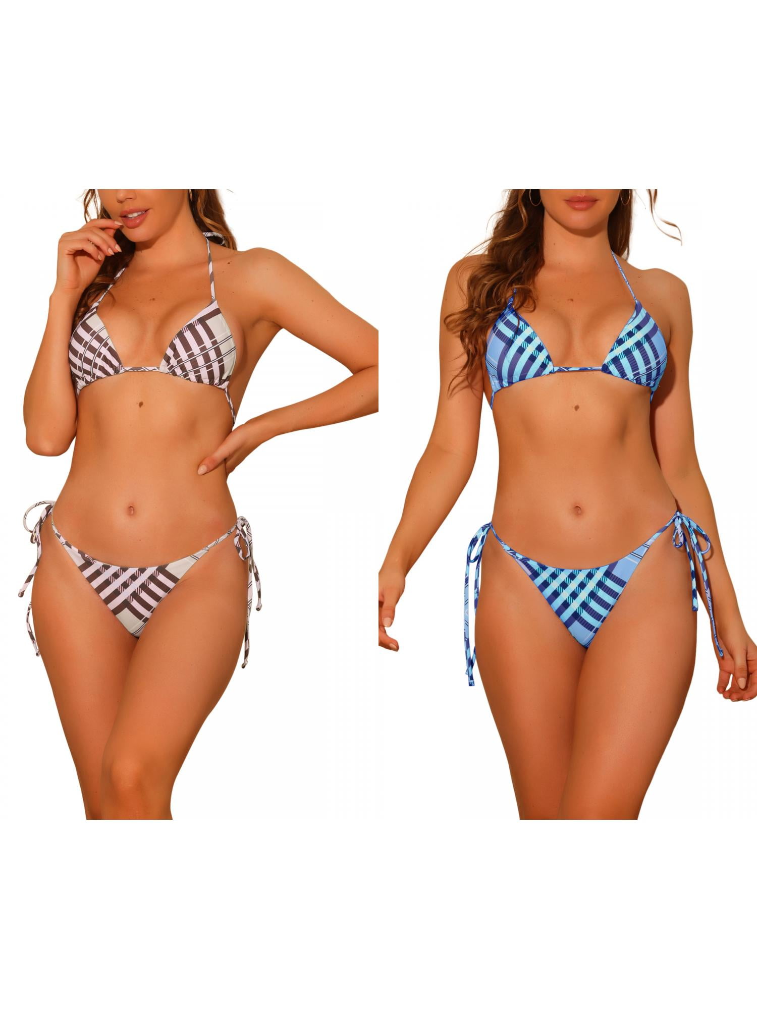NOMADIC NOOK Women's Triangle Halter Bikini Sets High Cut Tie Side, 2 Piece Plaid Print Bathing ...