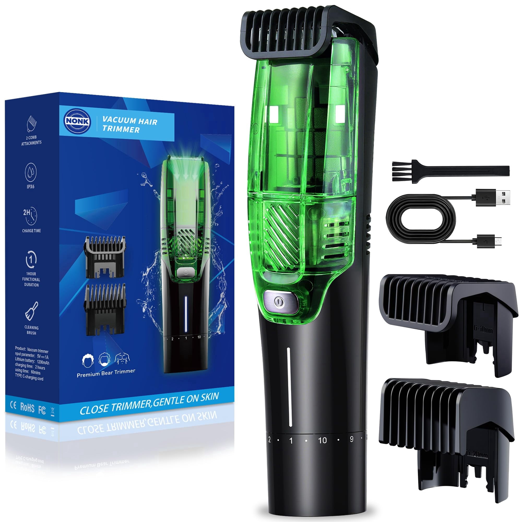 NONK Cordless Vacuum Beard Trimmer, IPX6 Waterproof 2-Speed Electric ...