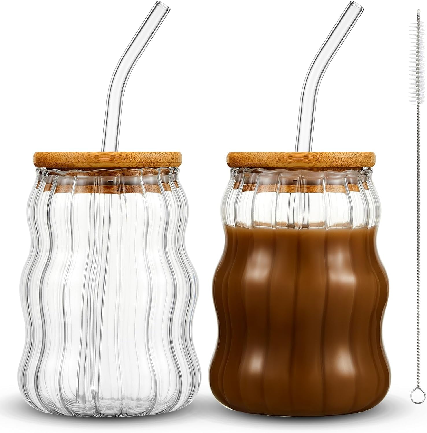 NOO 2 Pcs 18 oz Creative Glass Cups with Lids and Straws Wave Shape ...