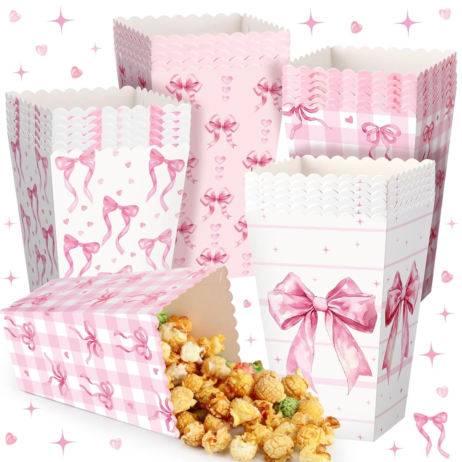 NOO 24 Pcs Pink Bow Popcorn Boxes Paper Kraft Coquette Bowknot Popcorn ...