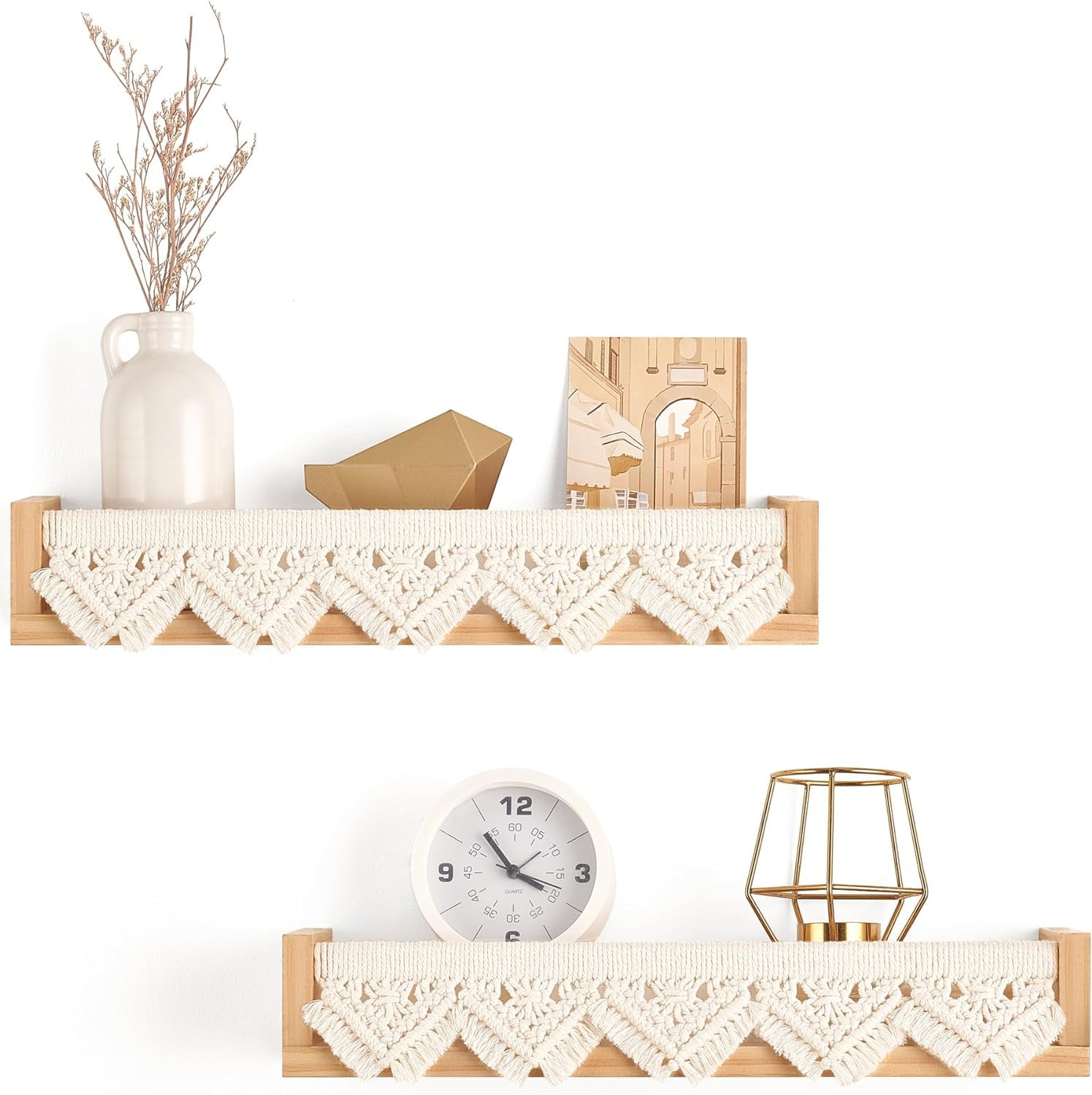 NOO Macrame Floating Shelves Boho Wall Decor Set of 2 Natural Wood ...