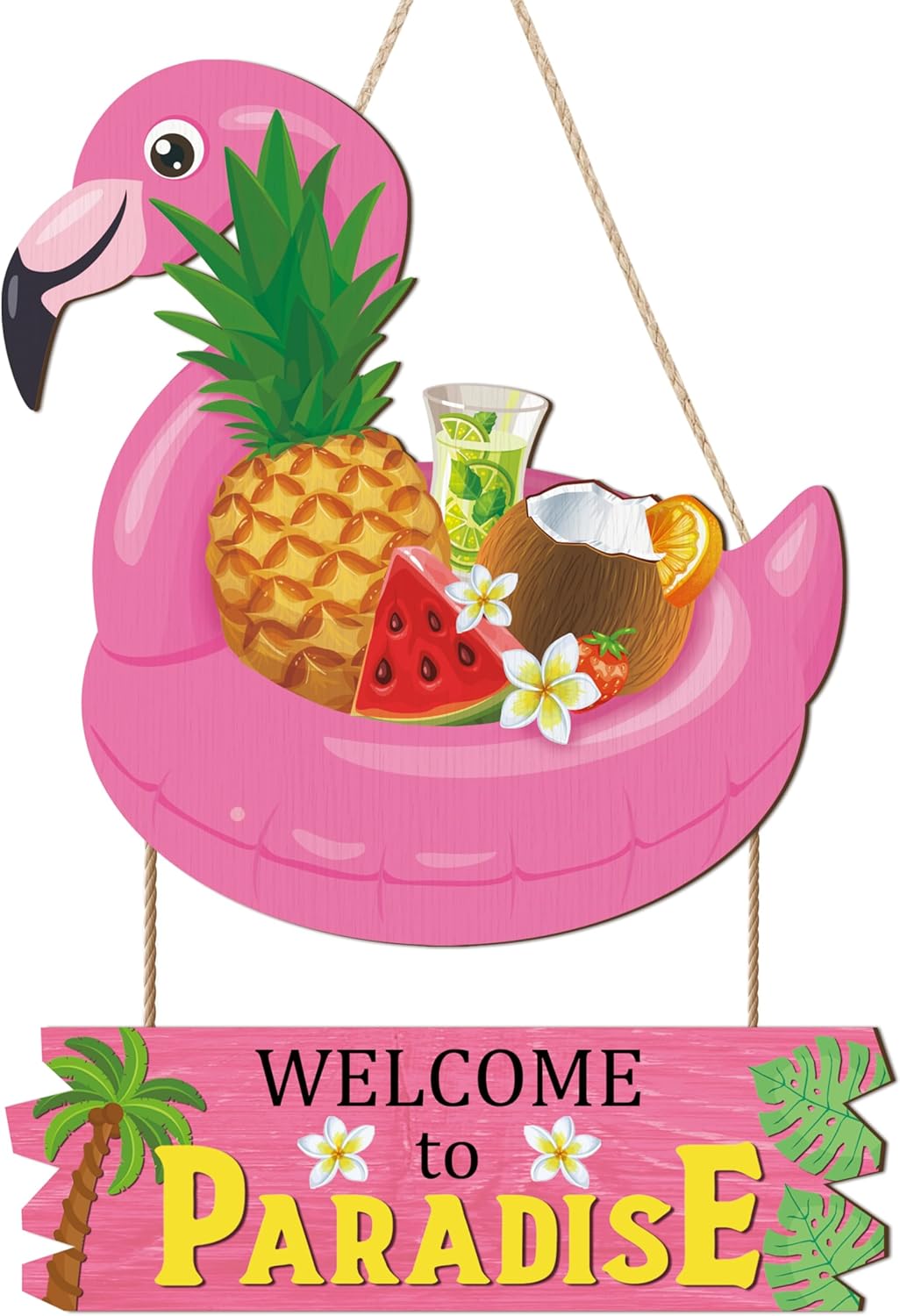 NOO Welcome to Paradise Door Sign(16”*11.4”), Pink Flamingo Hawaiian ...