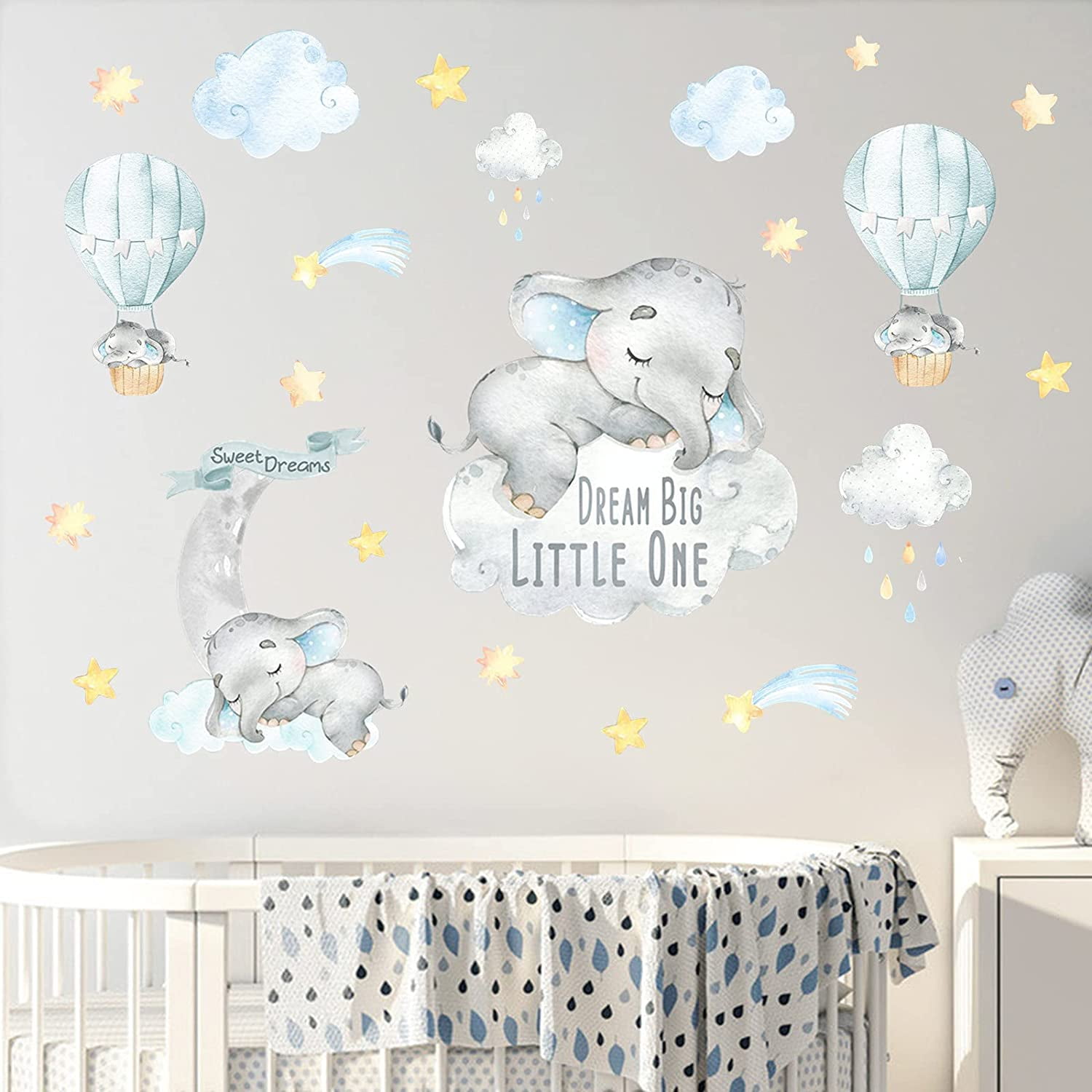 NOOOO Blue Watercolor Boy Elephant Wall Decals, Sweet Dream Big Little ...