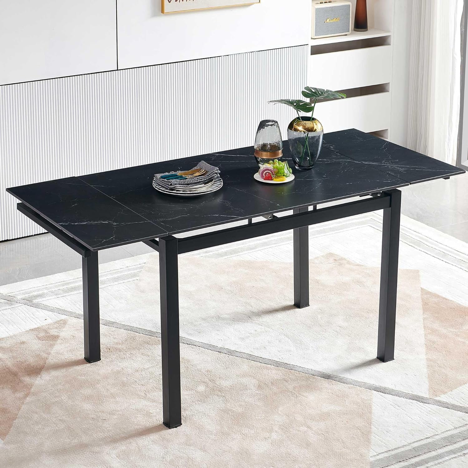 NORDICANA 66 Inch Extending Dining Table, Black Sintered Stone, Faux ...