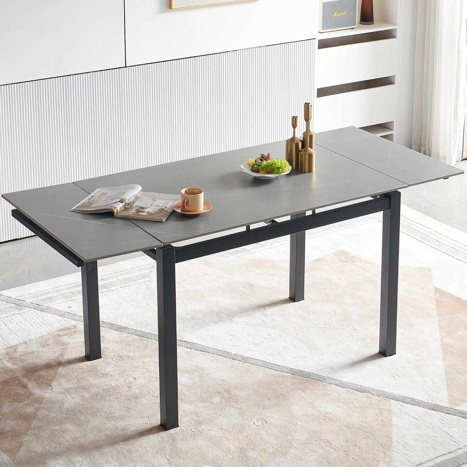 NORDICANA 66 Inch Extending Dining Table, Grey Sintered Stone ...