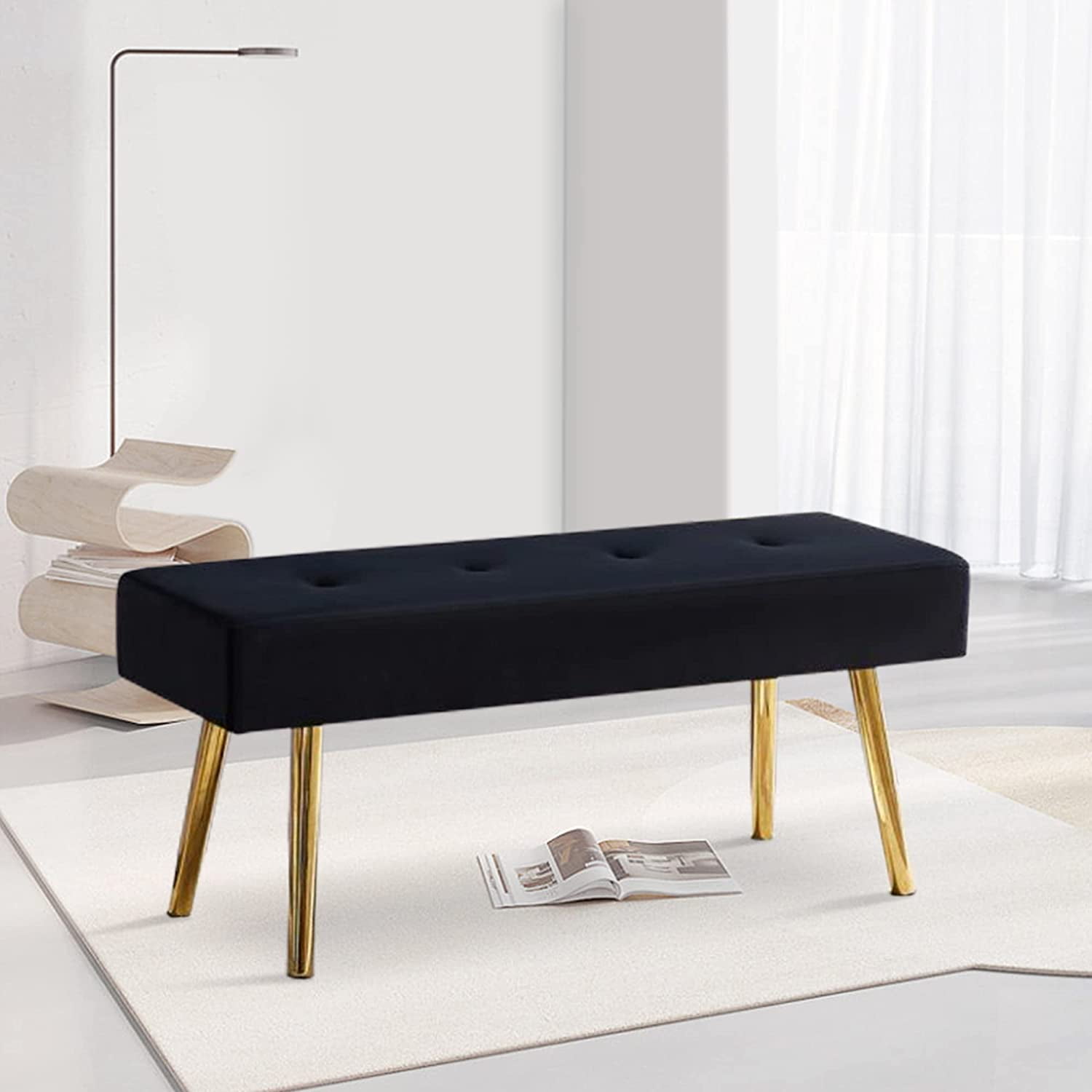 NORDICANA Black Velvet Ottoman Bench Simple Design Soft Velvet Dining ...