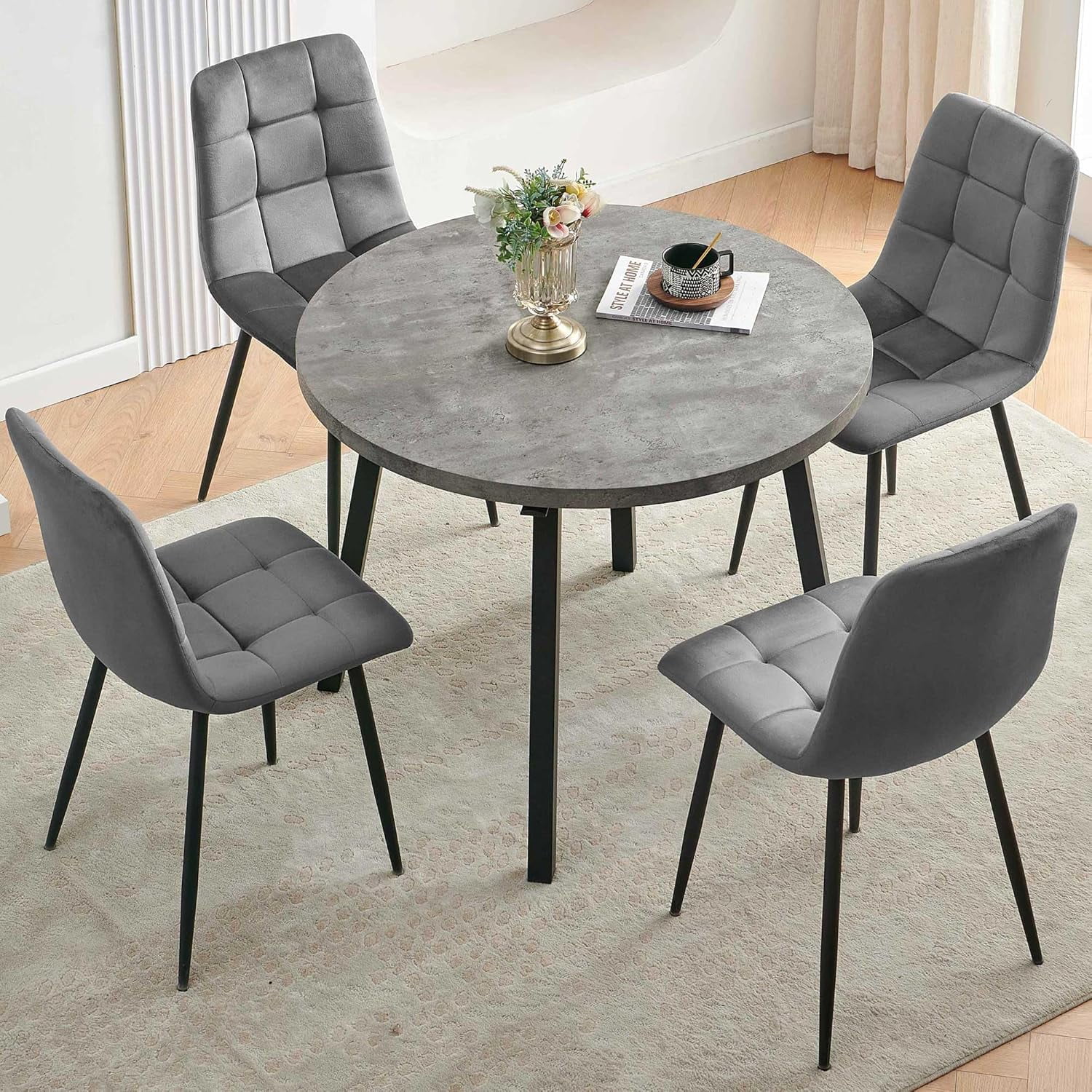 NORDICANA Kitchen Table and Chairs Set for 4, 37" Grey Round Dining ...