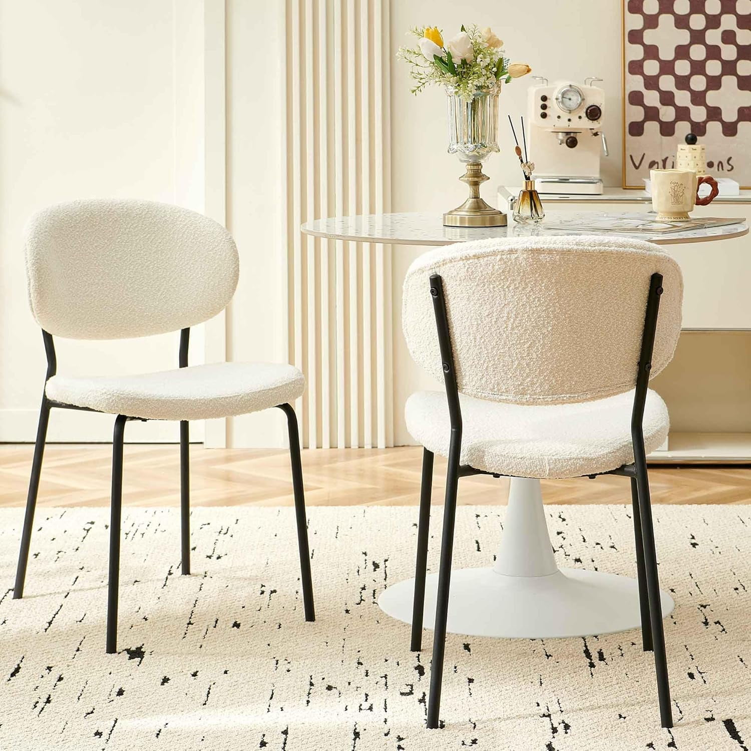 NORDICANA Modern Round Dining Chairs Set of 2, Beige Boucle Kitchen ...