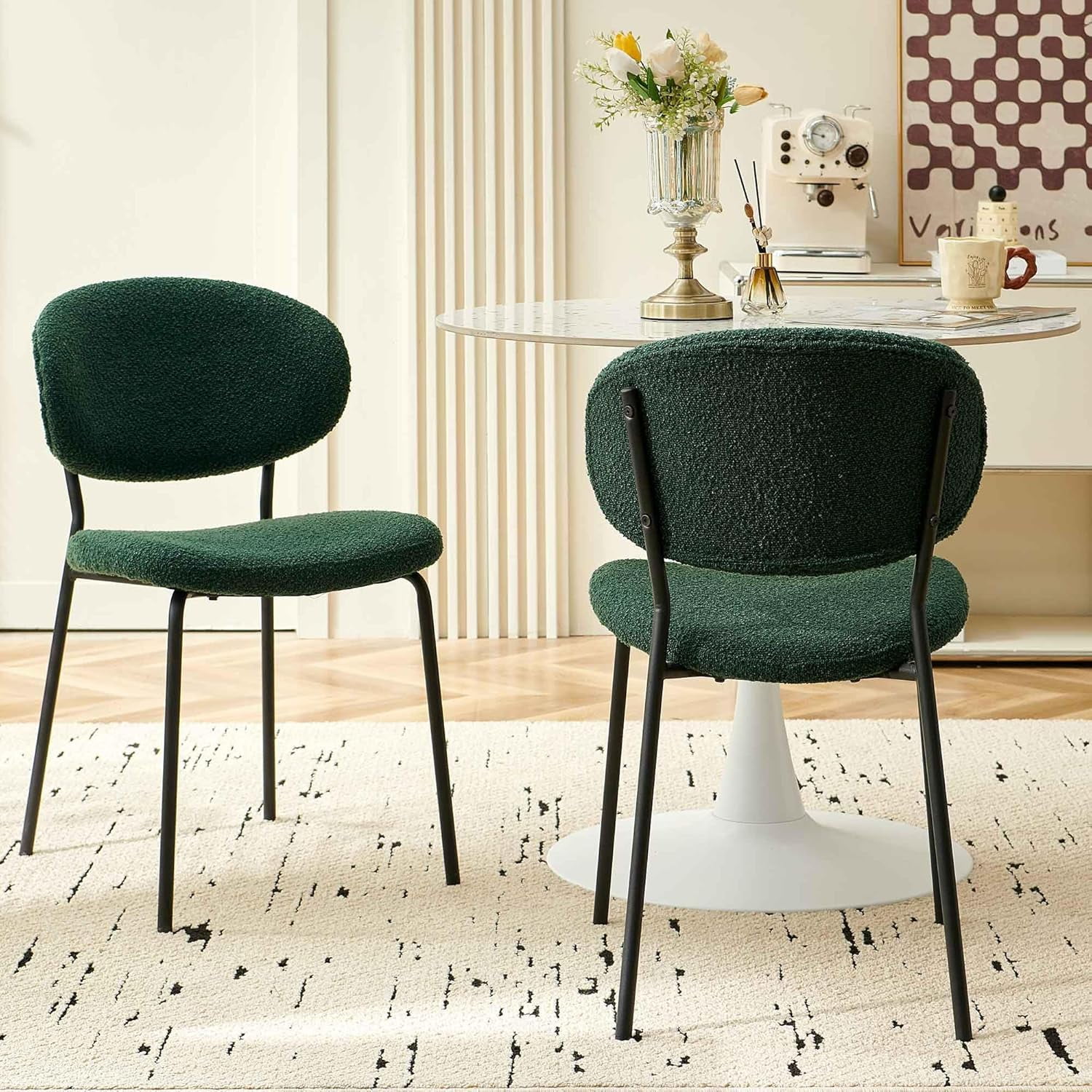 NORDICANA Modern Round Dining Chairs Set of 2, Green Boucle Kitchen ...