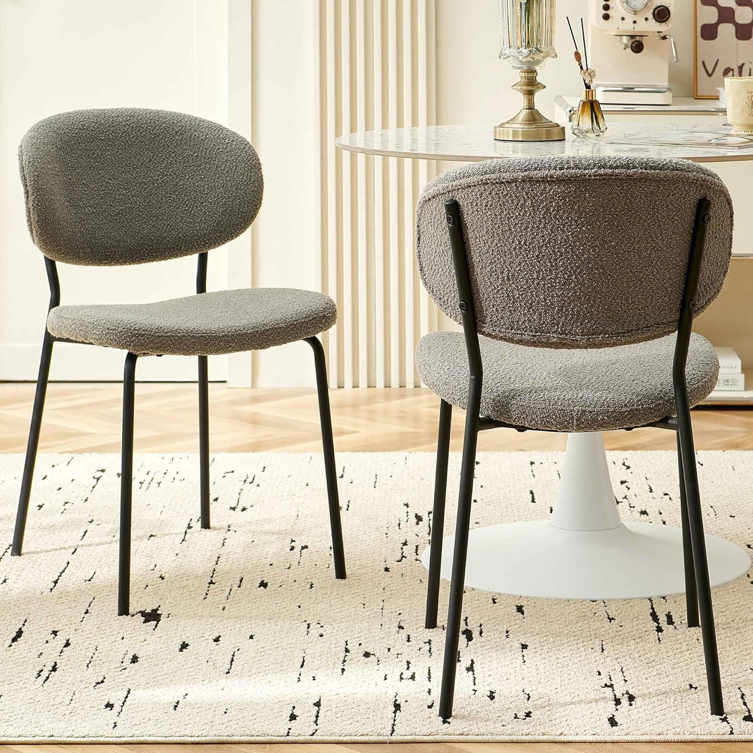 NORDICANA Modern Round Dining Chairs Set of 2, Grey Boucle Kitchen Side ...