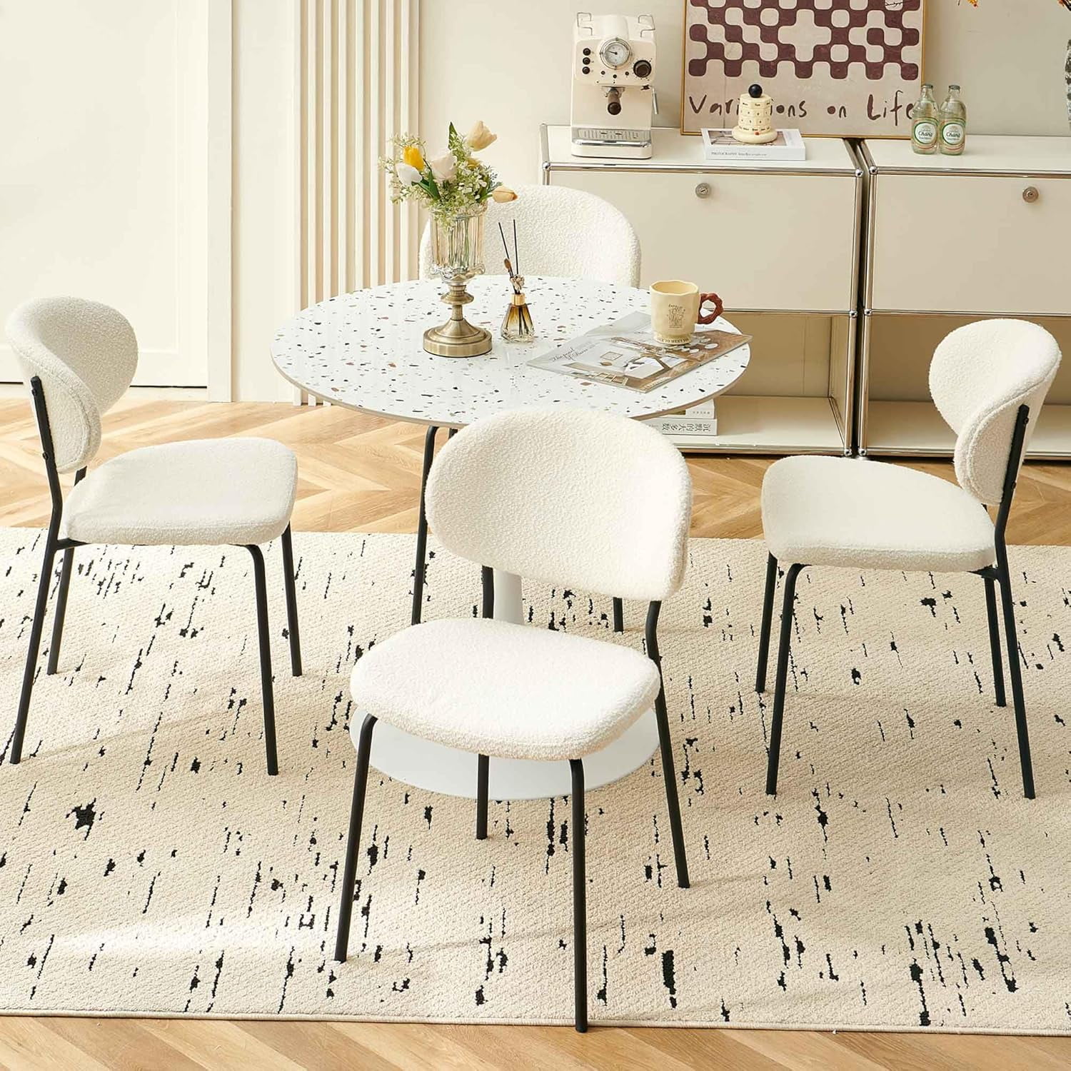 NORDICANA Modern Round Dining Chairs Set of 4, Beige Boucle Kitchen ...