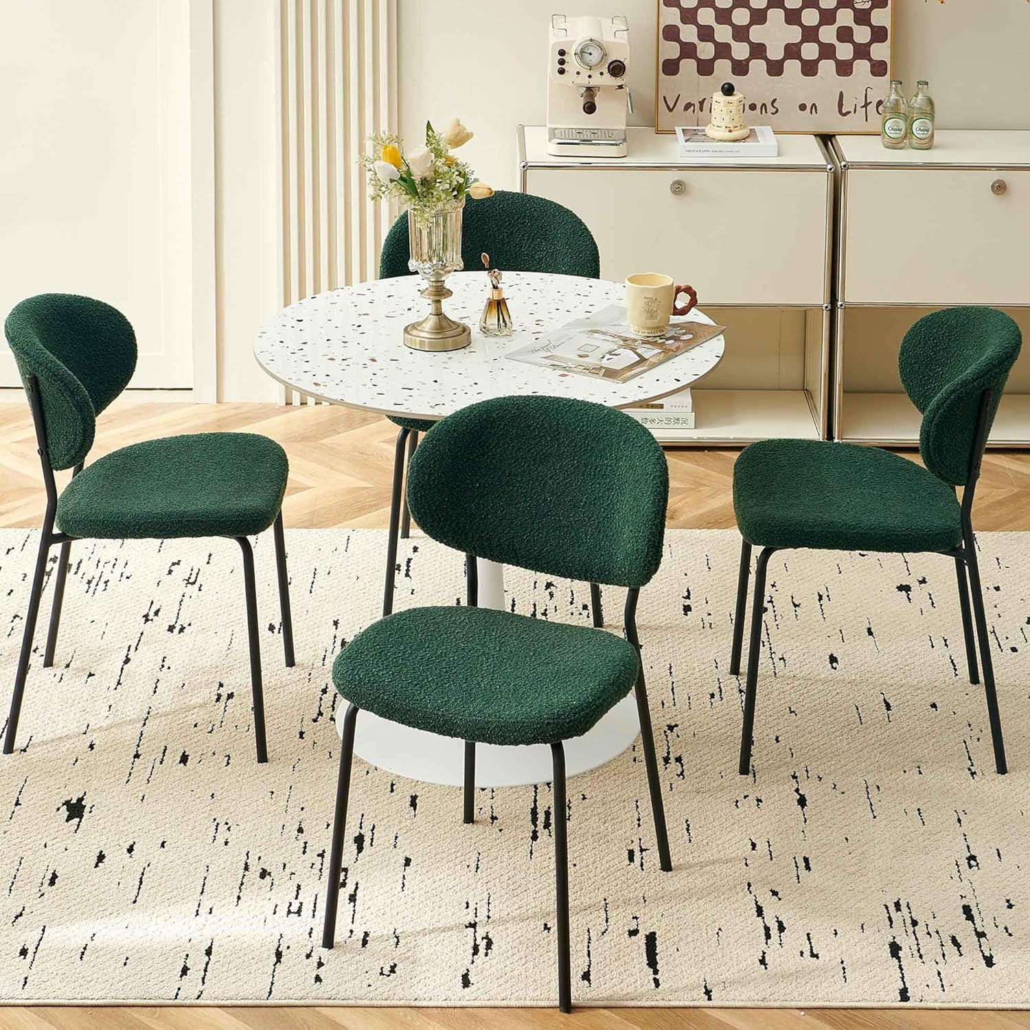 NORDICANA Modern Round Dining Chairs Set of 4, Green Boucle Kitchen ...