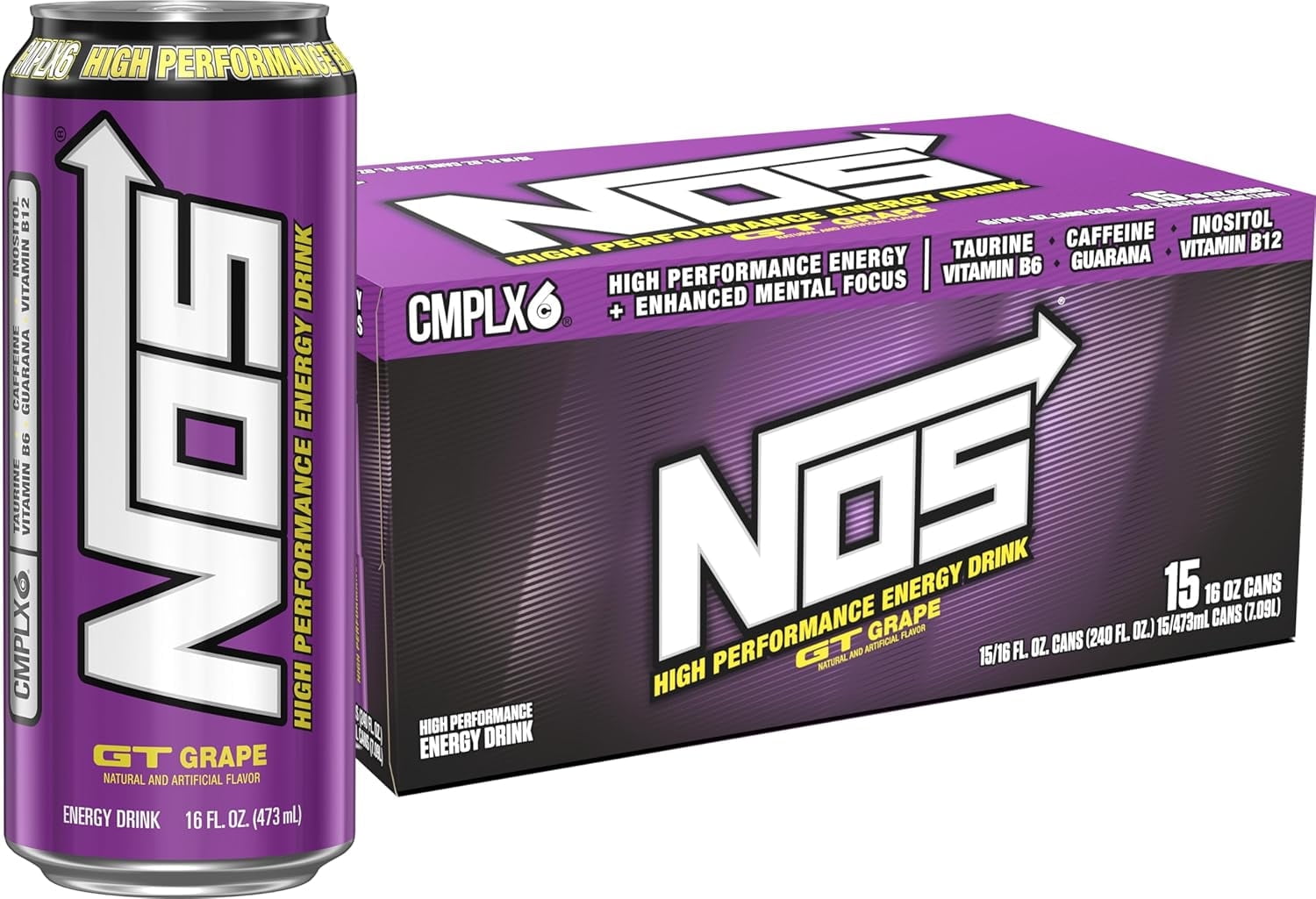 NOS GT Grape Energy Drink, 16 Fl oz, Natural Caffeine, Electrolytes ...