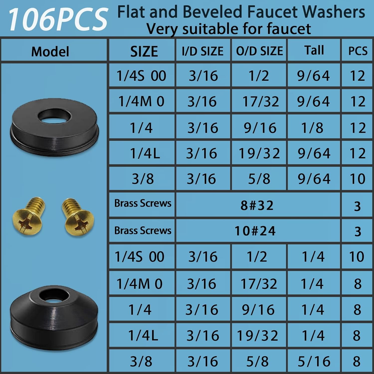 NOSGQ-106 pcs Flat and Beveled Faucet Washers and Brass Bibb Screws ...