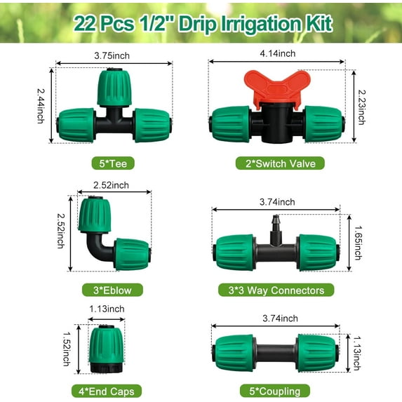 NOSGQ-22 Pcs Drip Irrigation Fittings Kit for 1/2 in Tubing, Drip Line ...