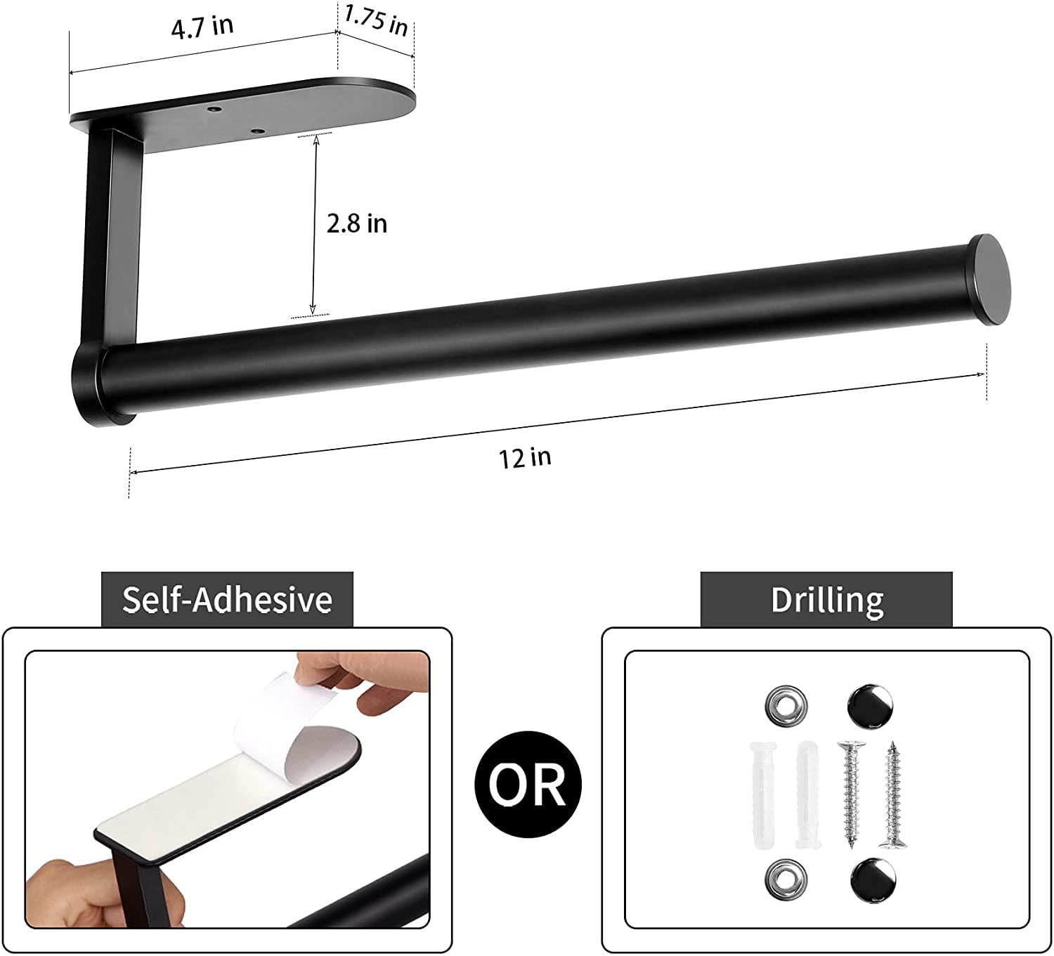 NOSGQ-Black Kitchen Roll Holder Under Cabinet, , Self Adhesive or ...