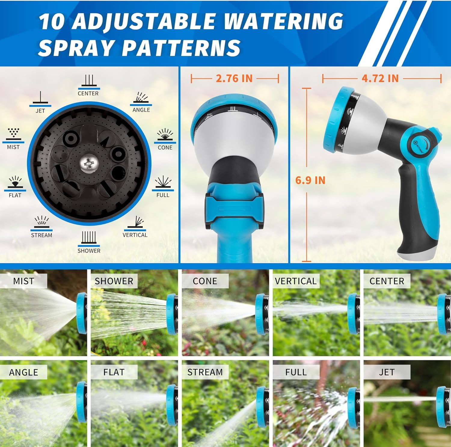 NOSGQ-Garden Hose Nozzle - 10 Adjustable Spray Patterns, Thumb Flow ...