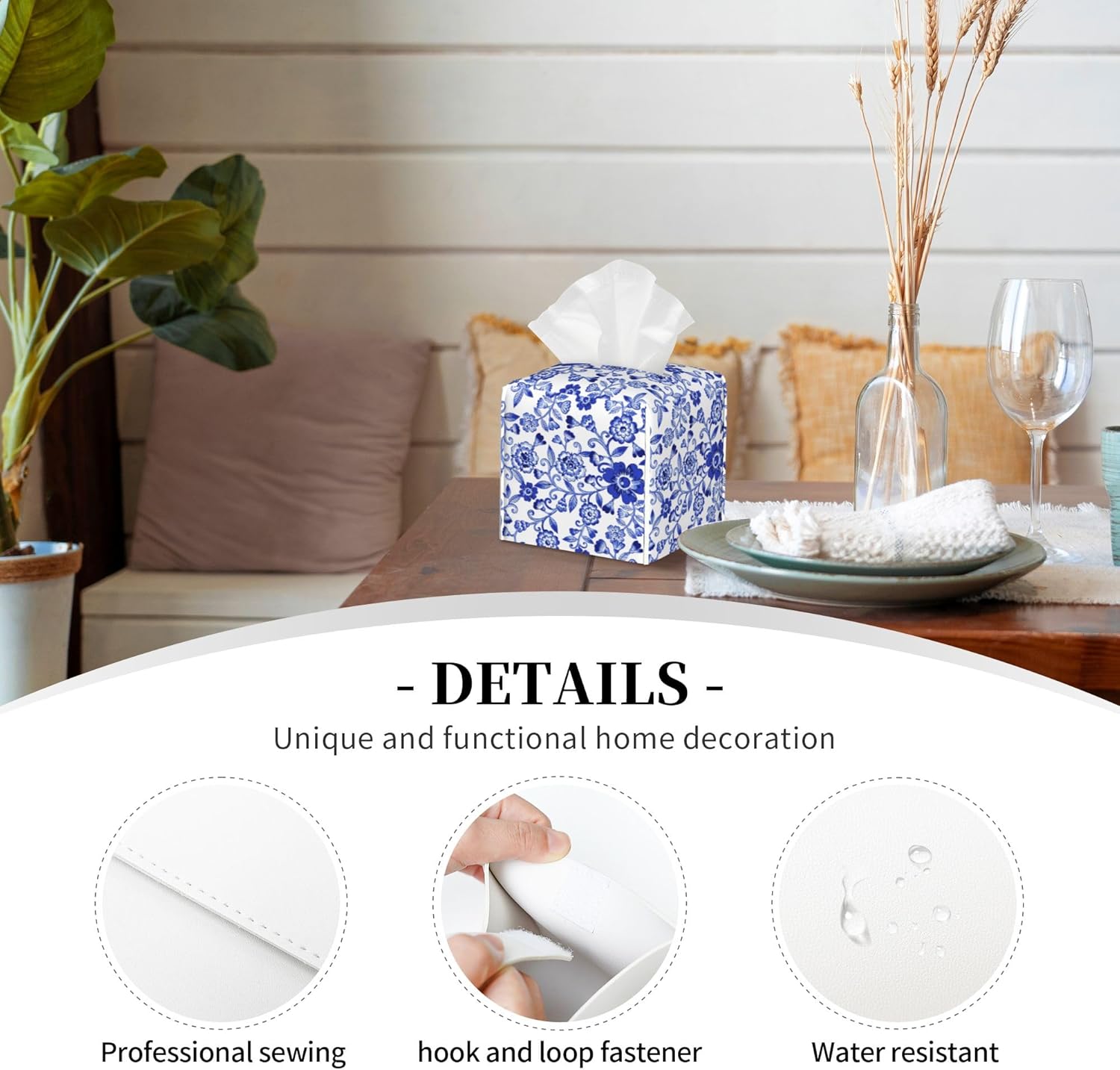 NOSGQ-Tissue Box Cover,Blue and White Porcelain Flowers Pu Leather ...
