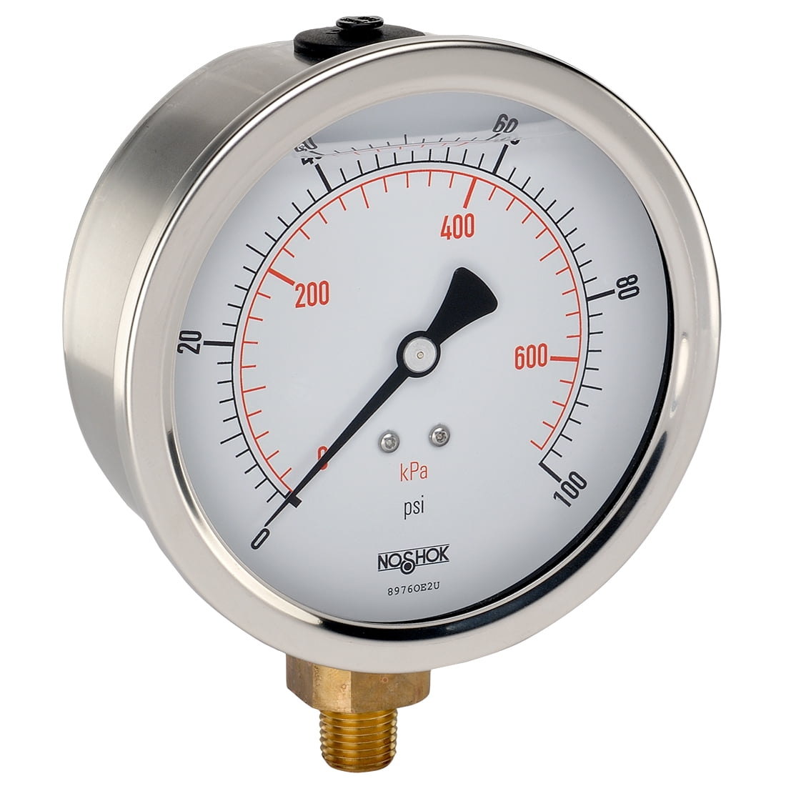 NOSHOK Pressure Gauge, 4" 304SS Case, Copper Alloy Internals, 1000 psi/kPa, 1/4 NPT Male Bottom ...