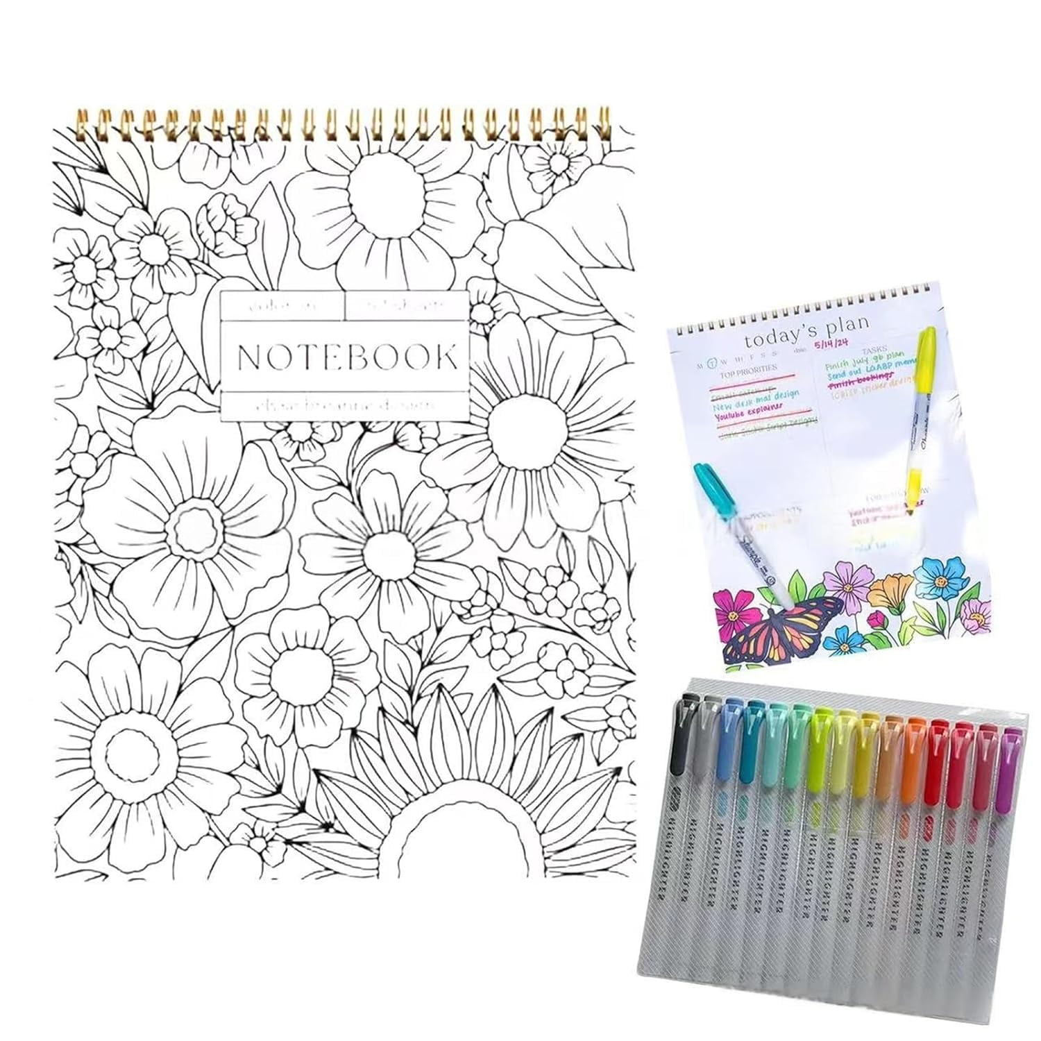 (NOTEBOOK)Color-In Spiral Notebook & Daily Planner, Floral Design ...