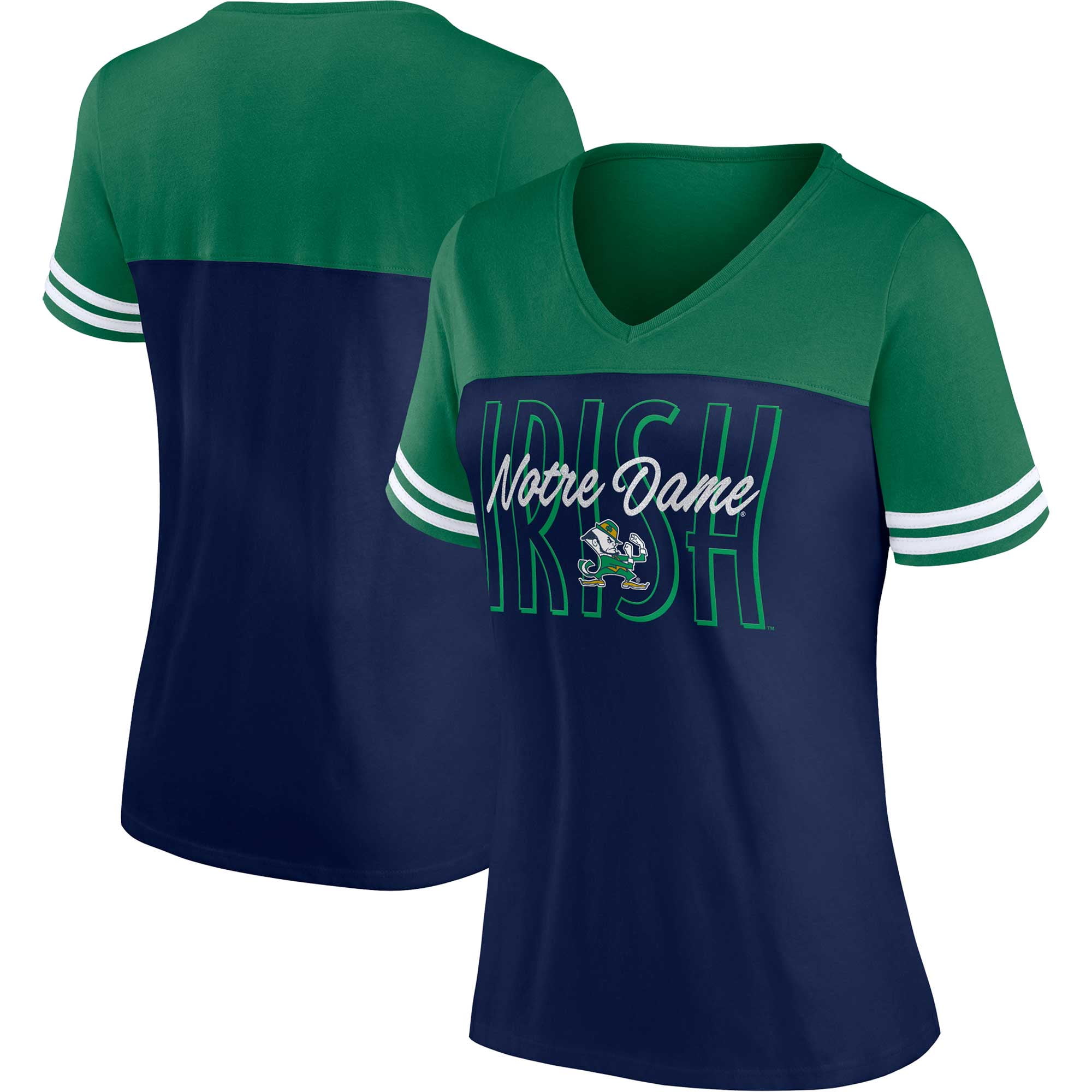 Women's Fanatics Navy Notre Dame Fighting Irish Glitter Script V-Neck T ...