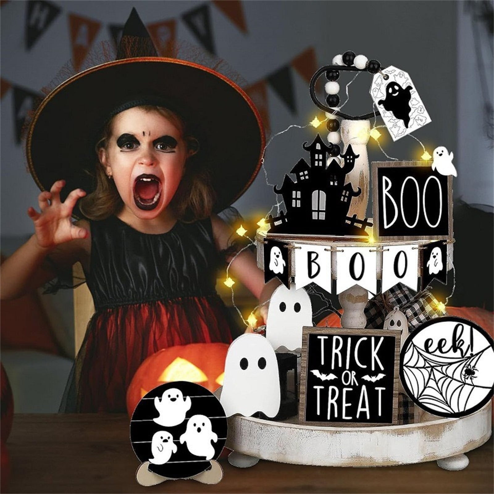 NOUGFVZP 13 Pcs Halloween Tiered Tray Decor Set Cute Ghost Tray ...