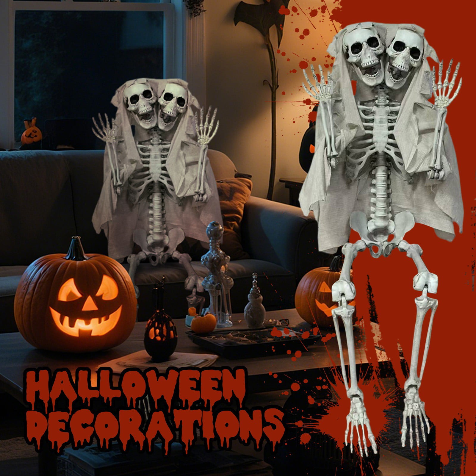 NOUGFVZP 65" Halloween Double-Headed Skeleton, Two Headed Skeleton Bone ...