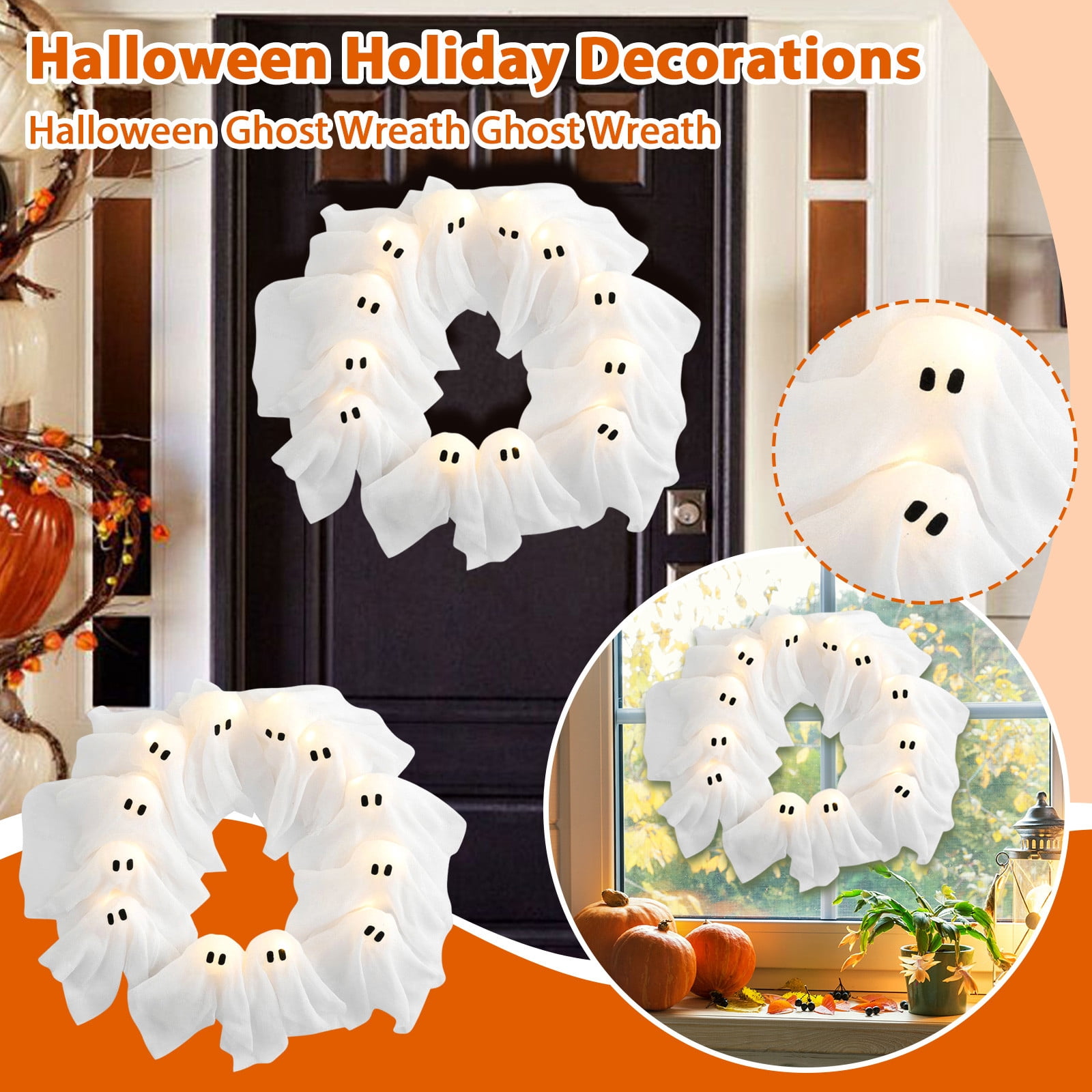 NOUGFVZP Halloween Ghost Wreath, 12 Led Light-Up White Ghost Garland ...