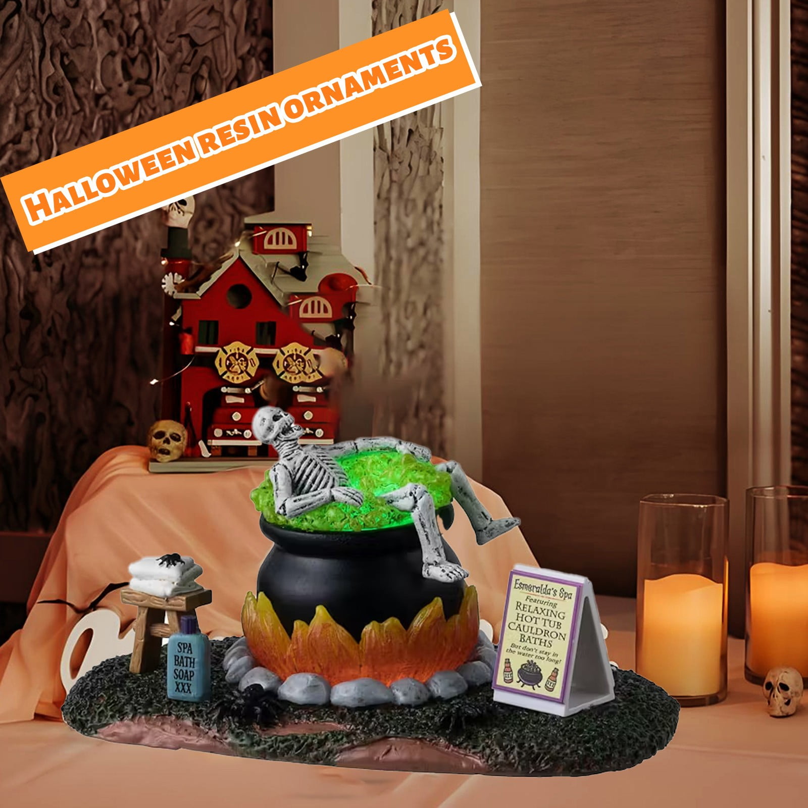 NOUGFVZP Halloween Skeleton Spa Cauldron Statue - Macabre Resin Decor ...