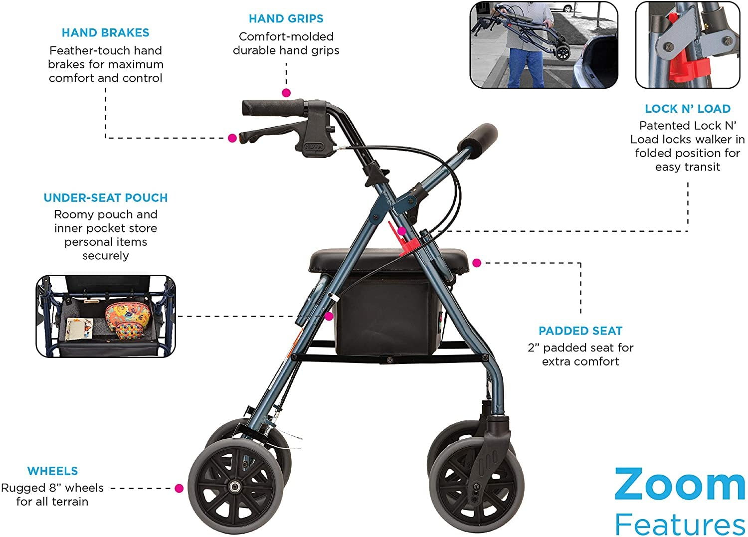 NOVA Zoom Rollator Walker, 22 Seat Height, 8 Wheels, Locking Brakes ...