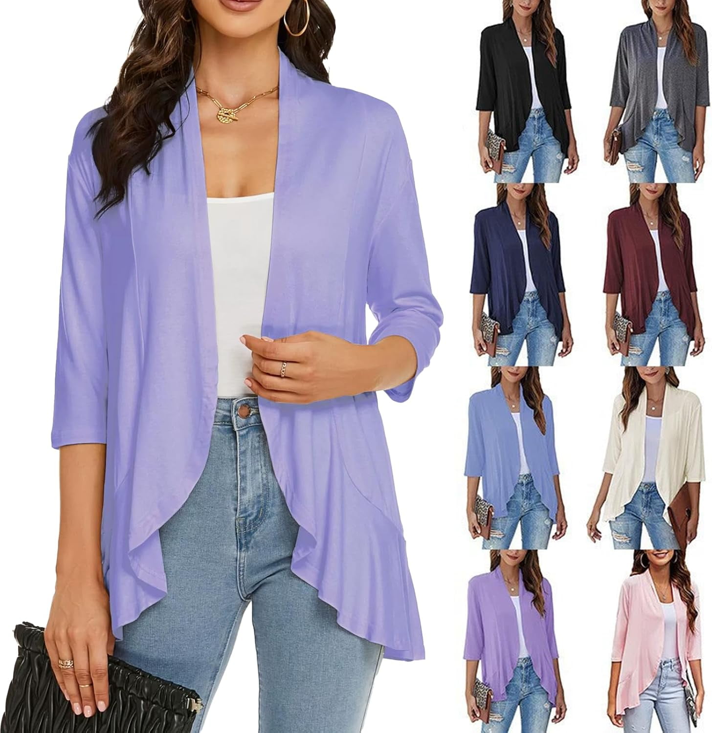 NOVEALCRBE Women's Casual Lightweight Open Front Cardigans, 3/4 Sleeve ...