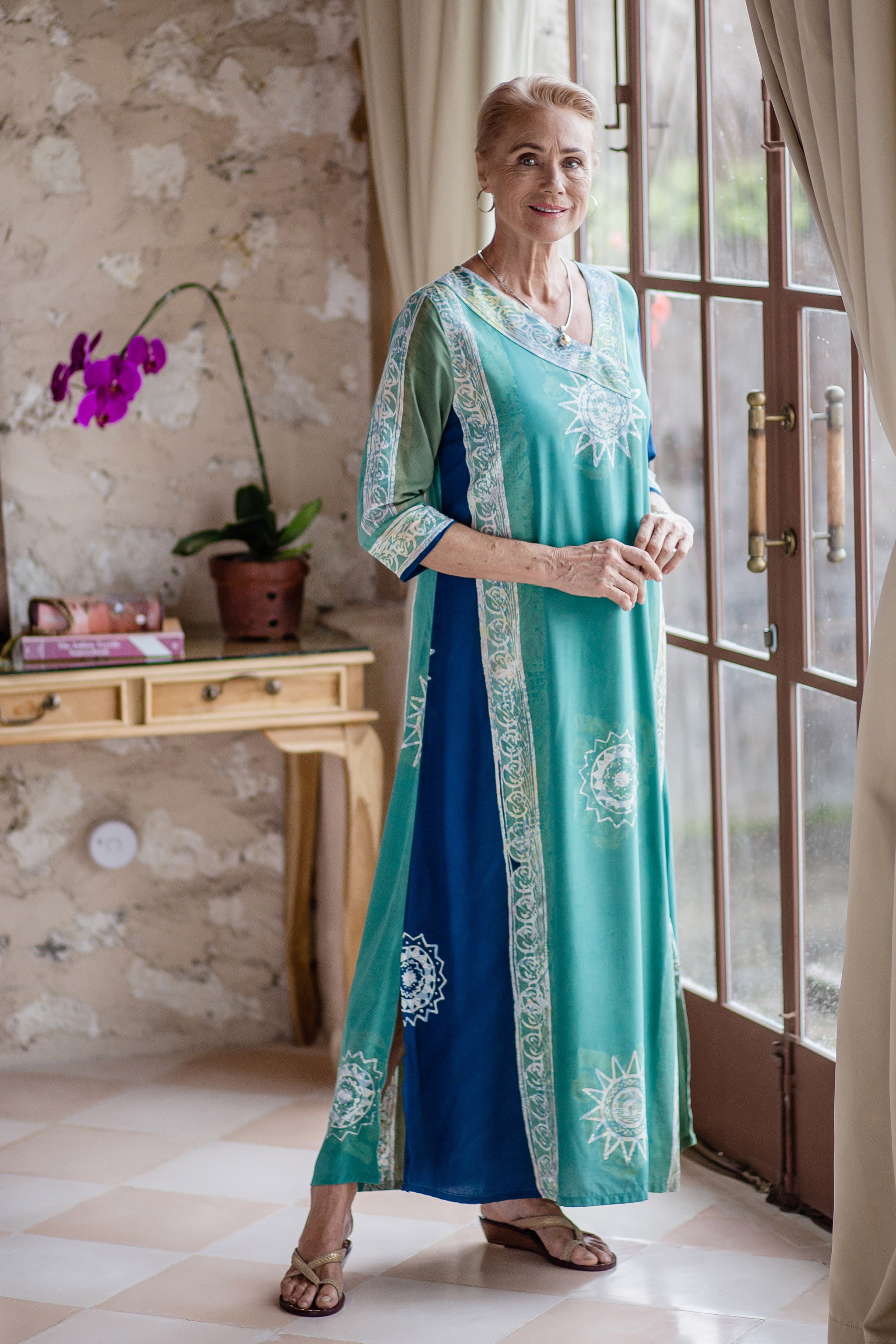 NOVICA Batik rayon maxi dress, 'Vintage Teal Batik' - Walmart.com