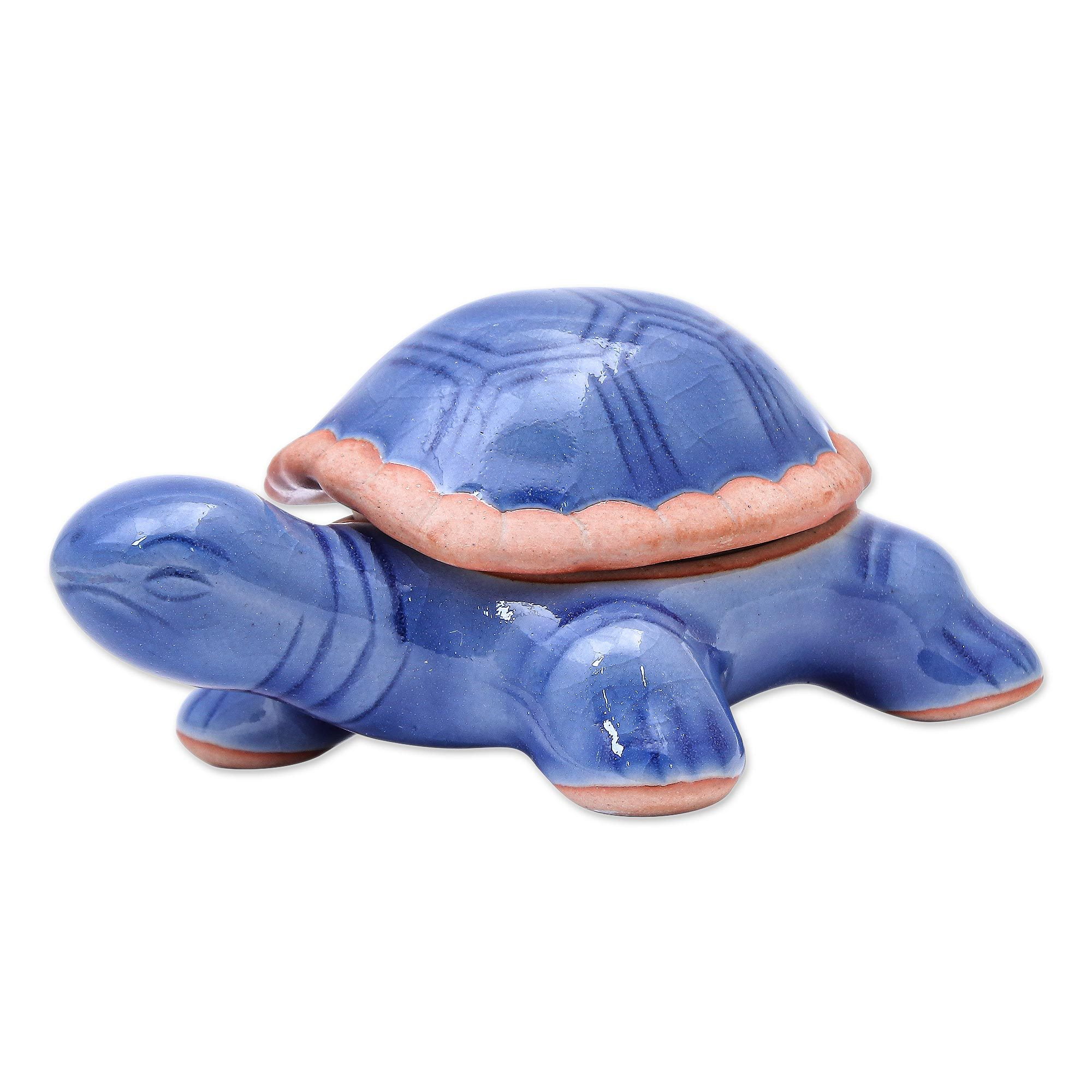 NOVICA Artisan Handmade Celadon Ceramic Decorative Box Turtle Blue ...