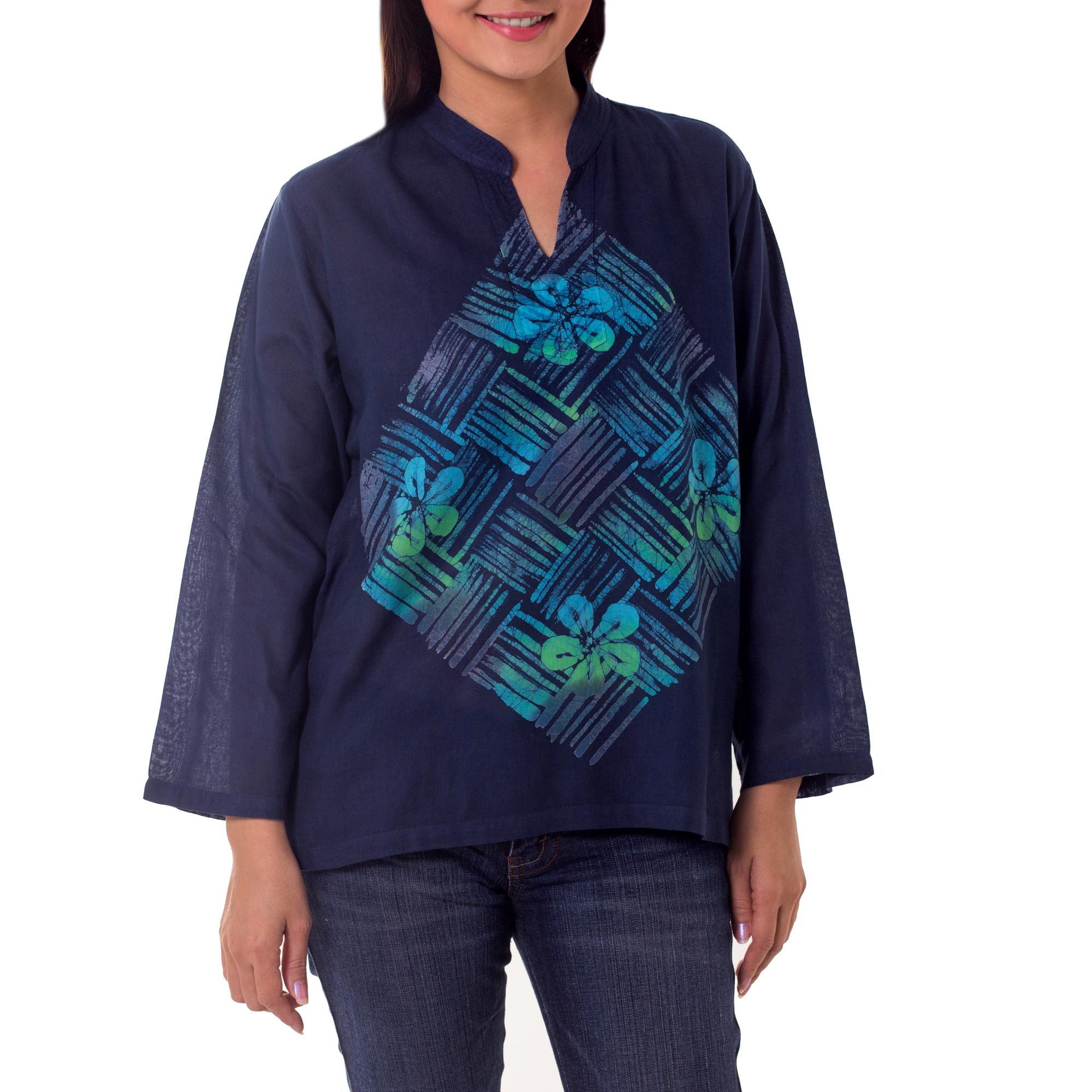 NOVICA Cotton batik tunic, 'Blue Frangipani Universe' - Walmart.com