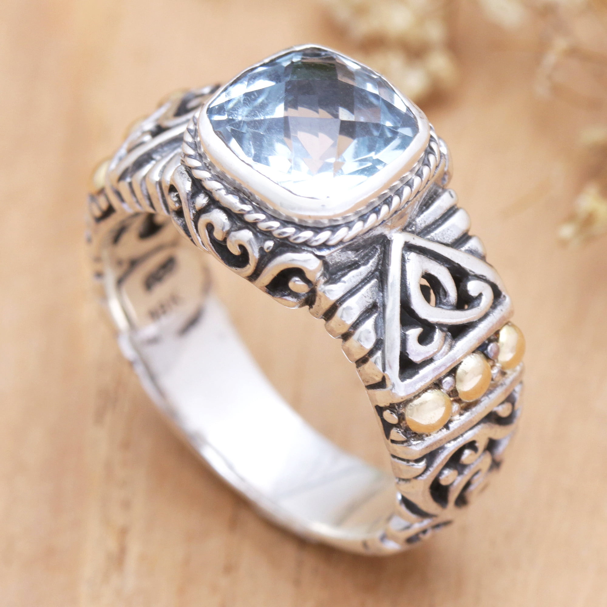 NOVICA Gold-accented blue topaz cocktail ring, 'Sparkle Jungle ...