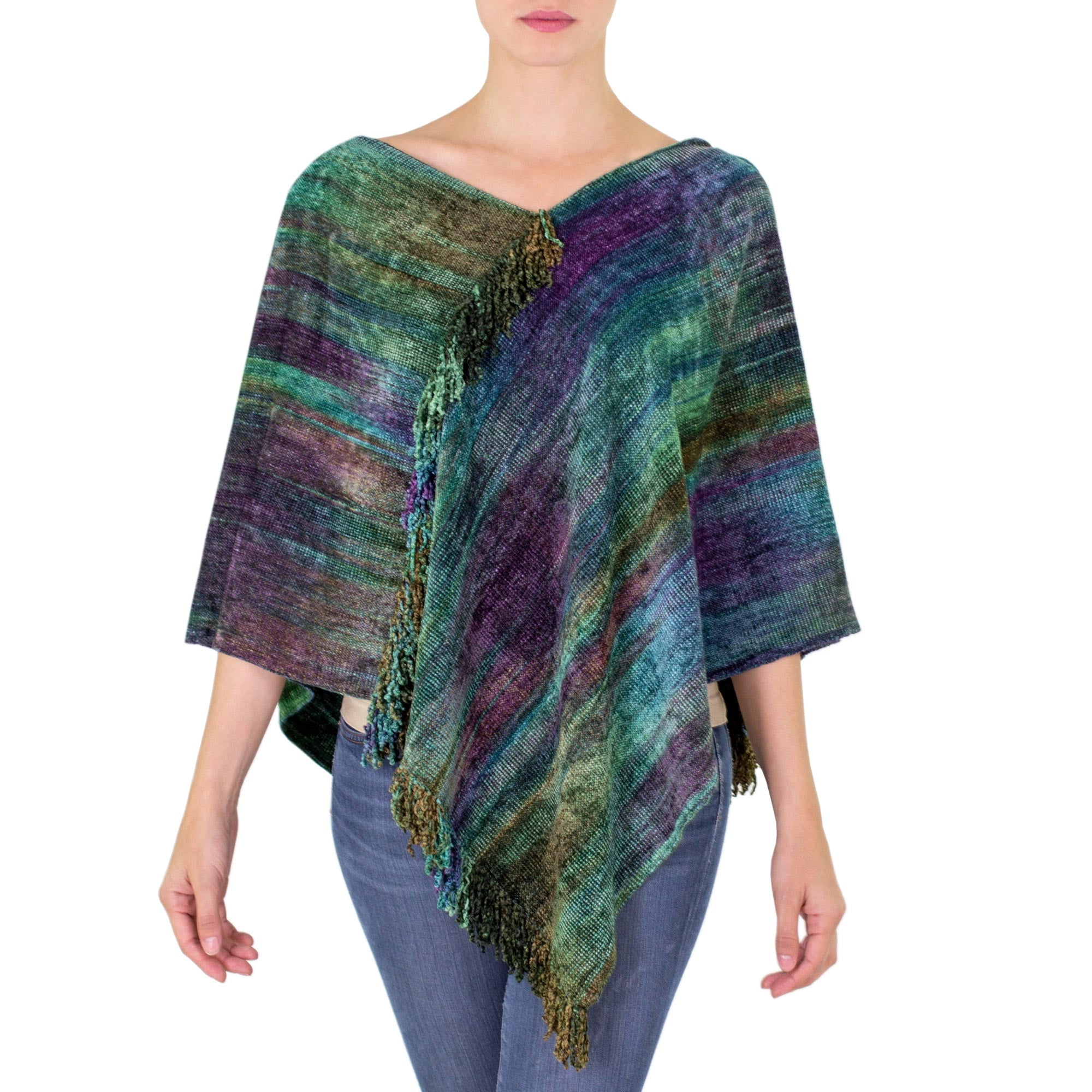 NOVICA Green Cotton and Bamboo Chenille Poncho, 'Magical Forest ...